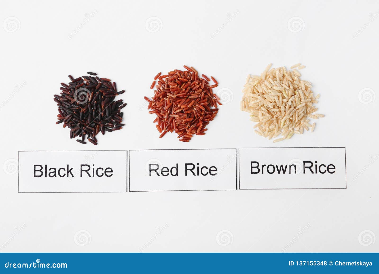 Different Types of Uncooked Rice and Cards on White Background Stock ...