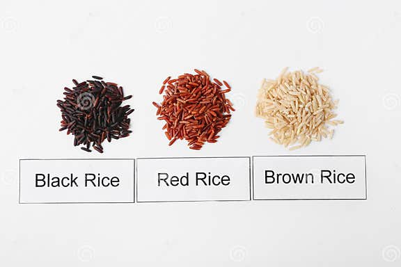 Different Types of Uncooked Rice and Cards on White Background Stock ...