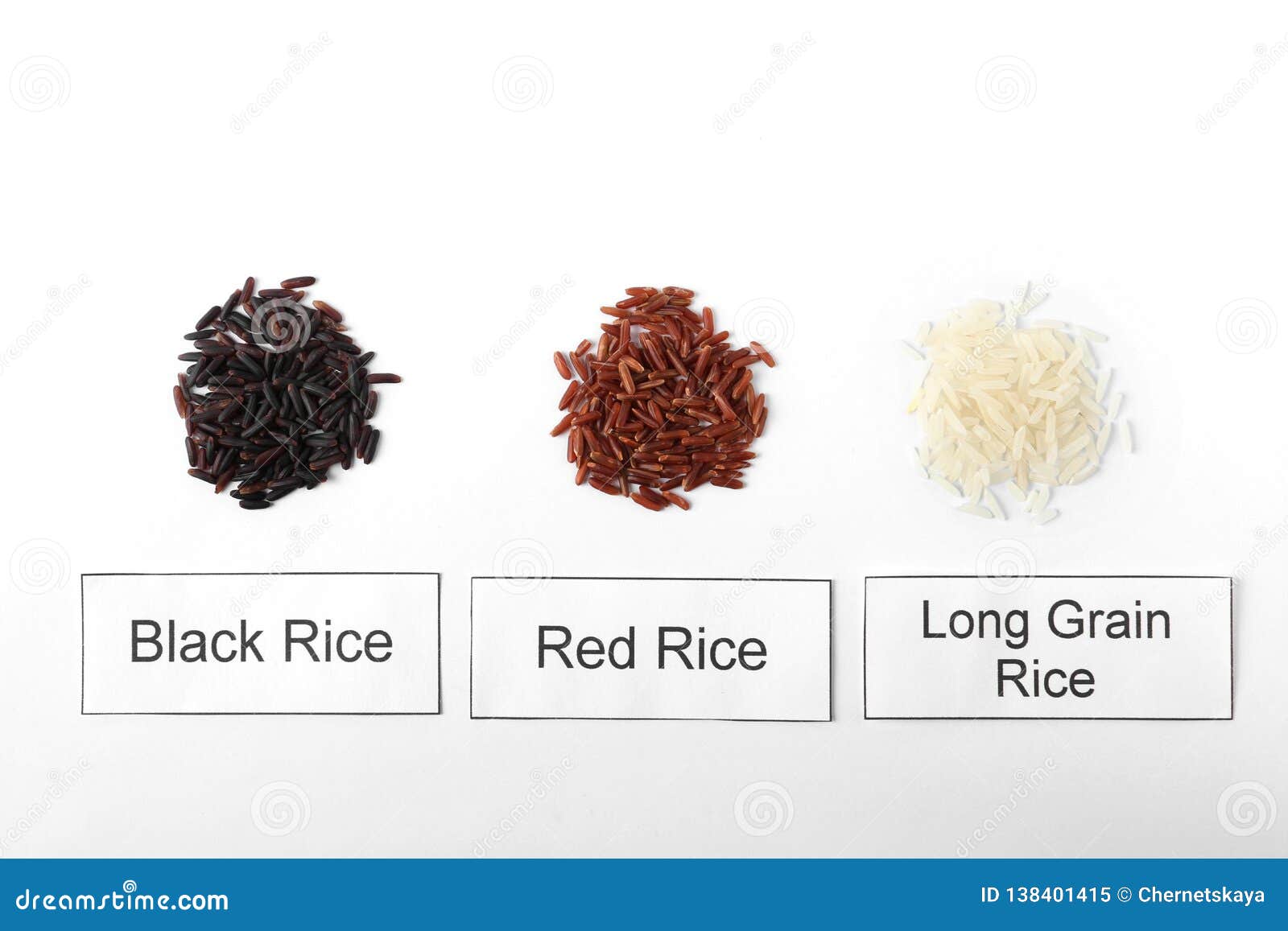 Different Types of Uncooked Rice and Cards on White, Top View Stock ...