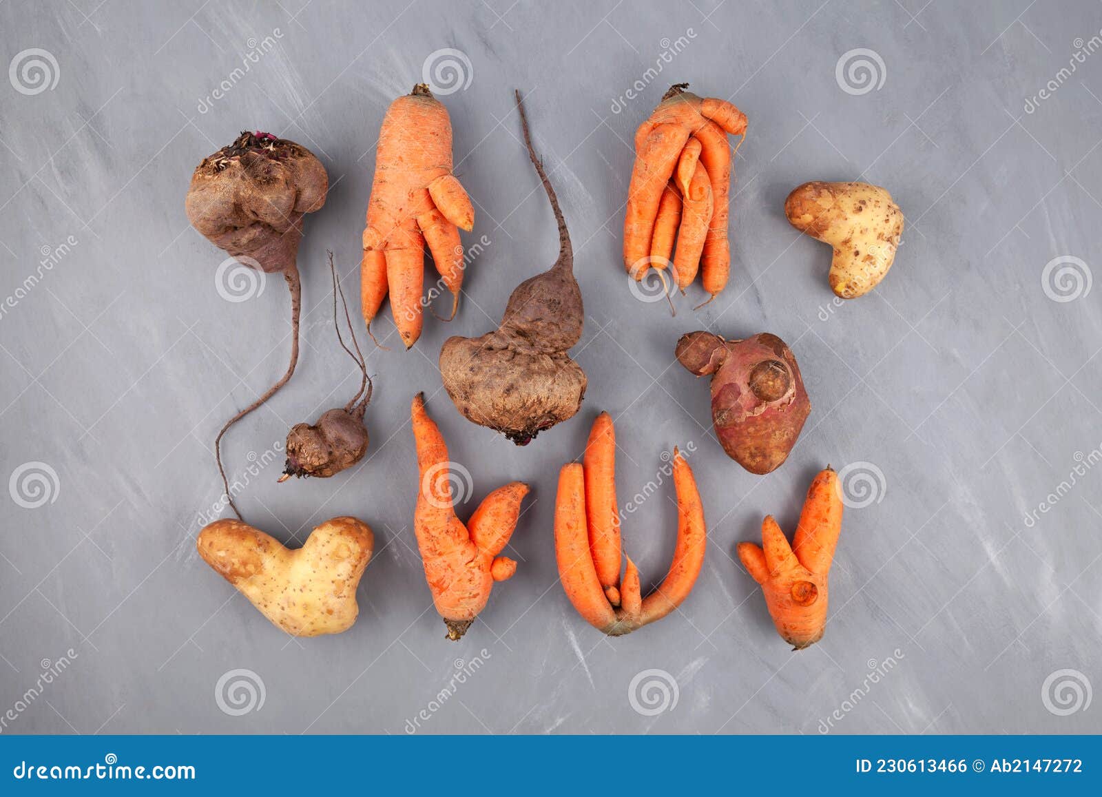 Different Ugly Vegetables Potato; Carrot; Beetroot on Grey Textured ...