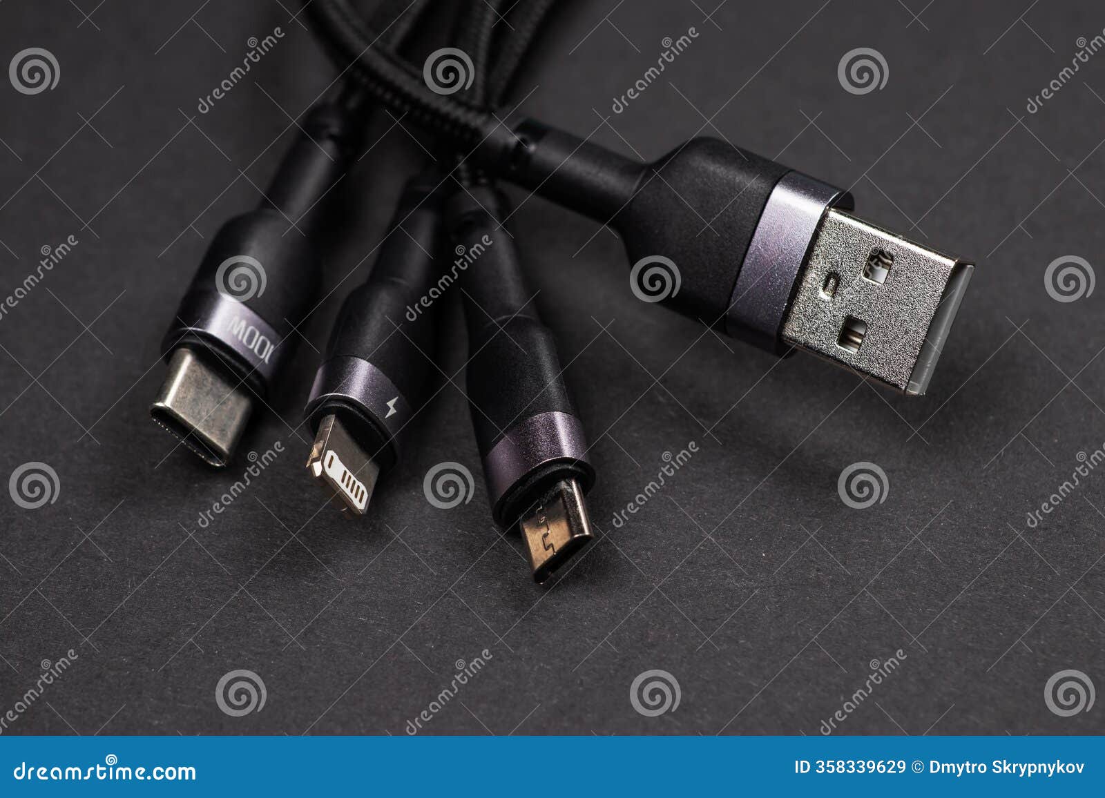 Different USB Charging Plugs Isolated on Dark Background. USB Type C ...