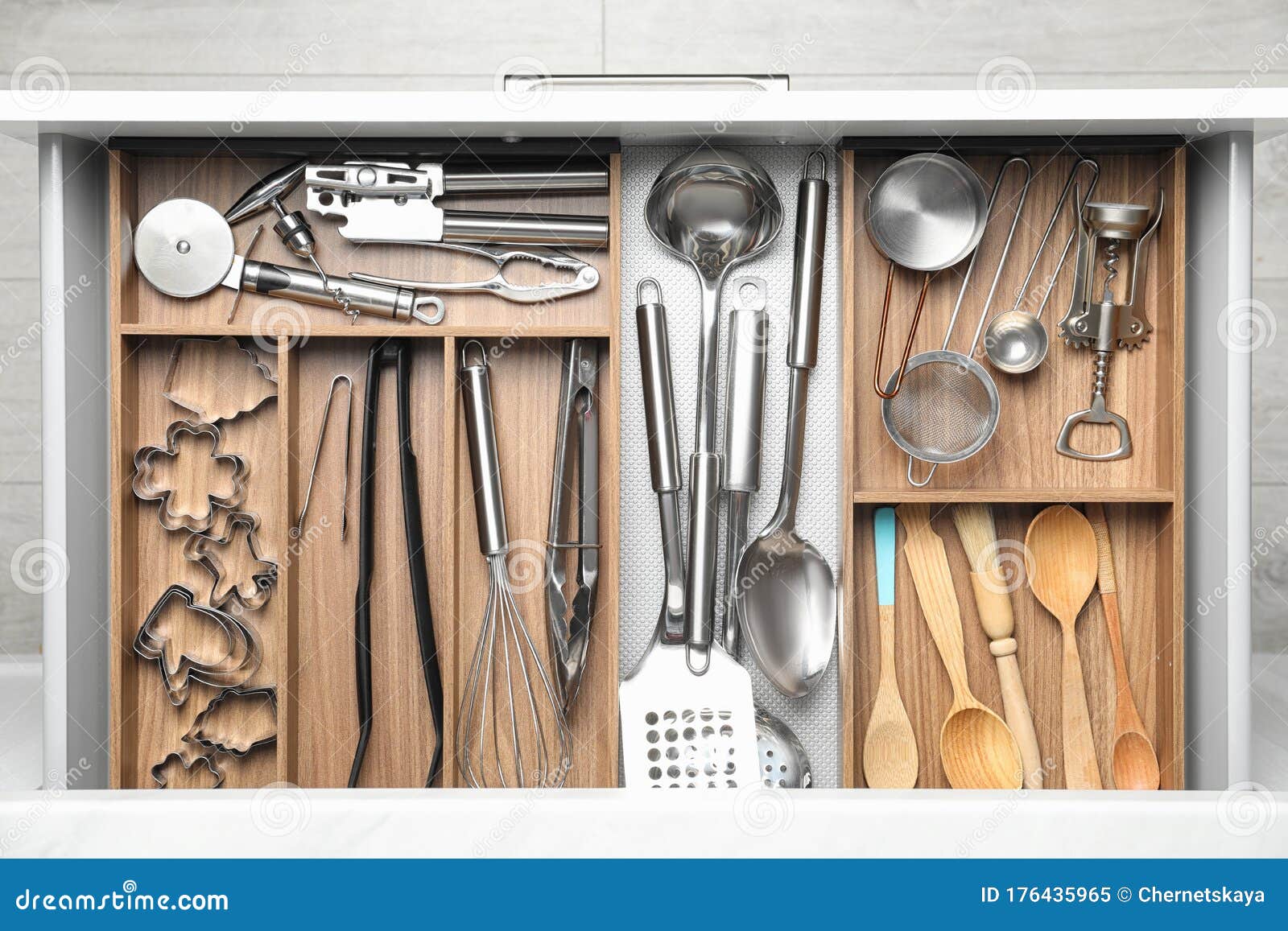 Different Utensils in Open Desk Drawer Stock Image - Image of ...