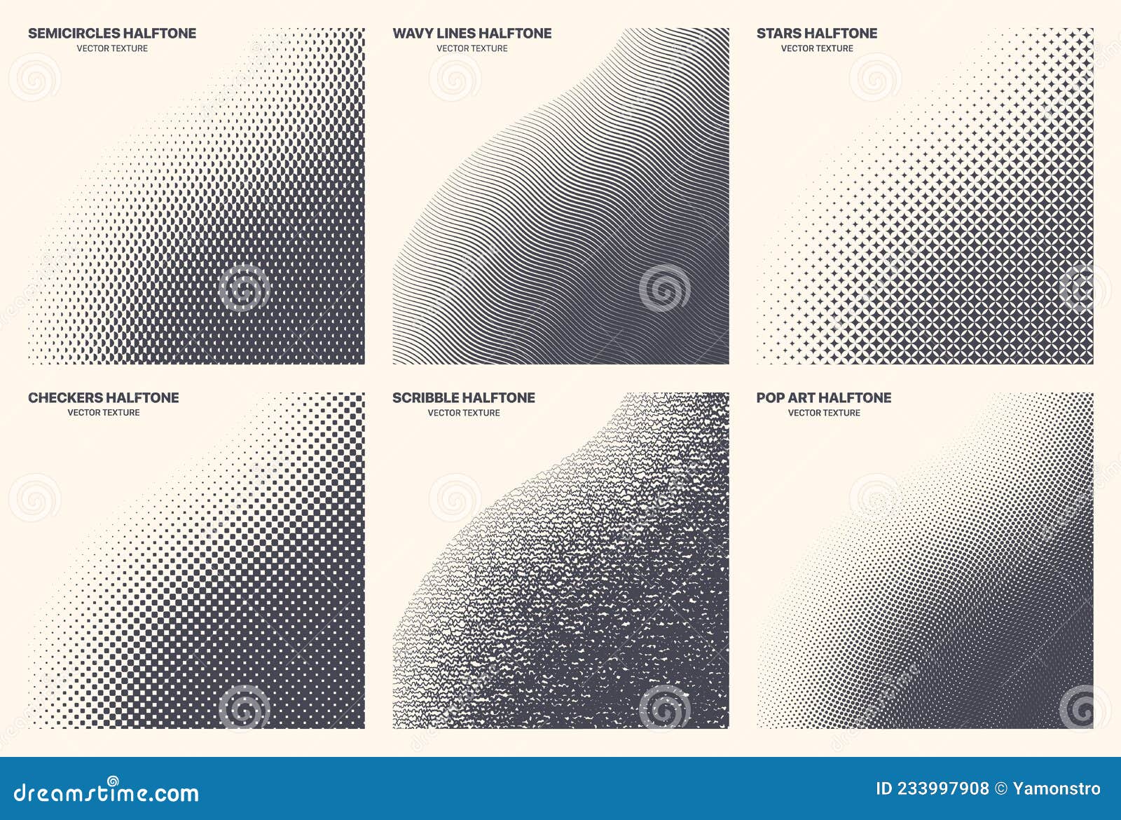 Different Variations Halftone Textures Set Vector Curved Geometric Patterns Stock Vector