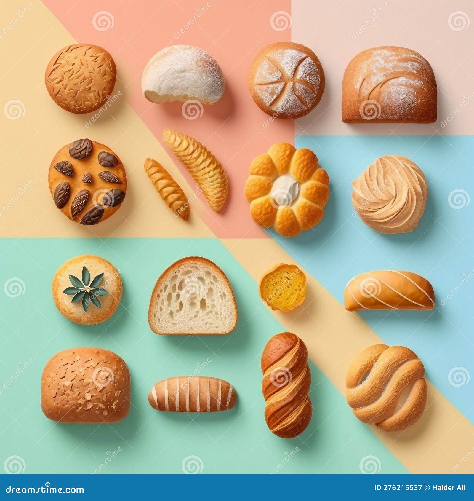 Different Varieties of Bread Displayed on Backgrounds of Various Colors ...