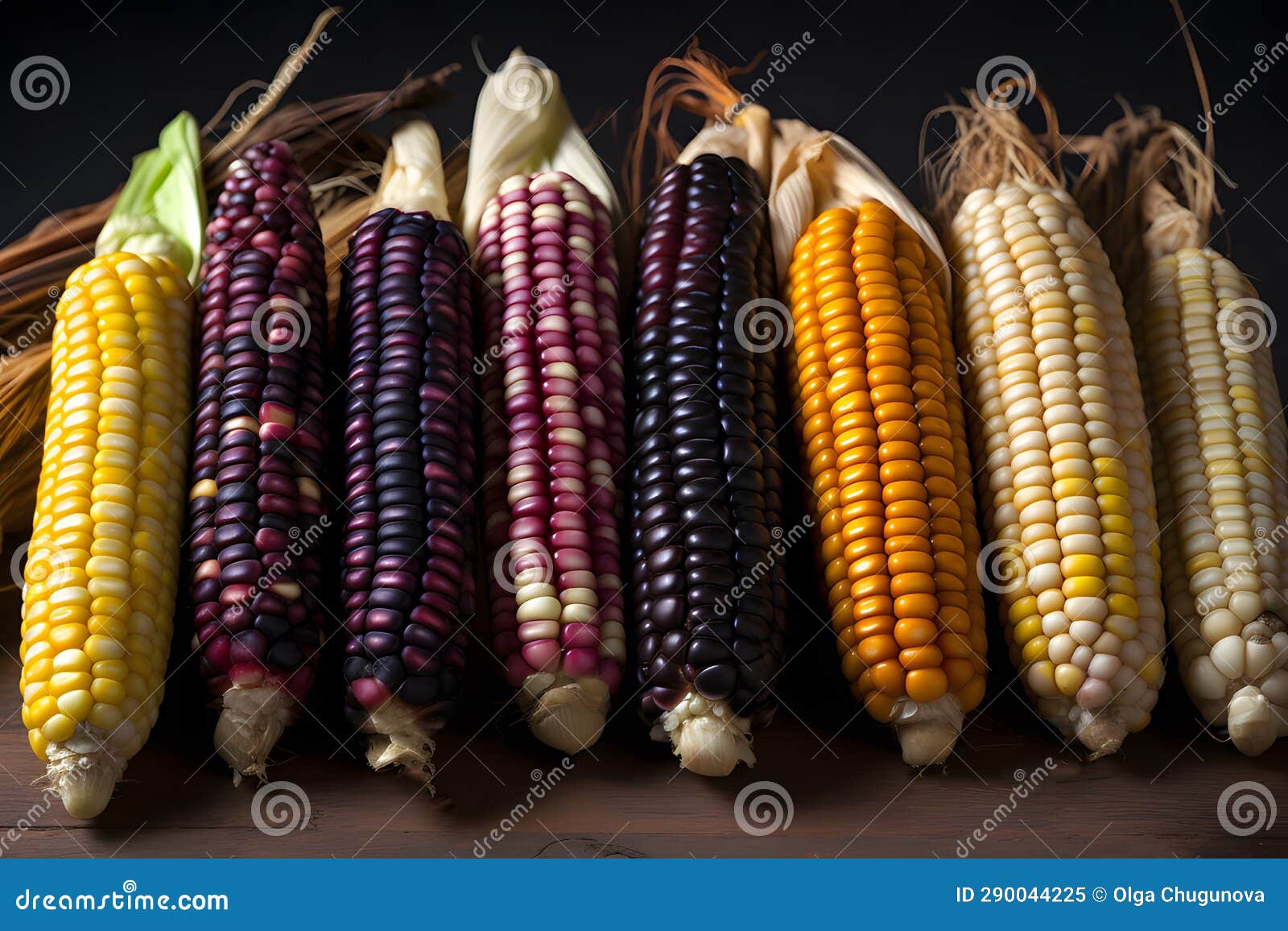 Different Varieties of Corn on a Wooden Background, Top View Stock ...