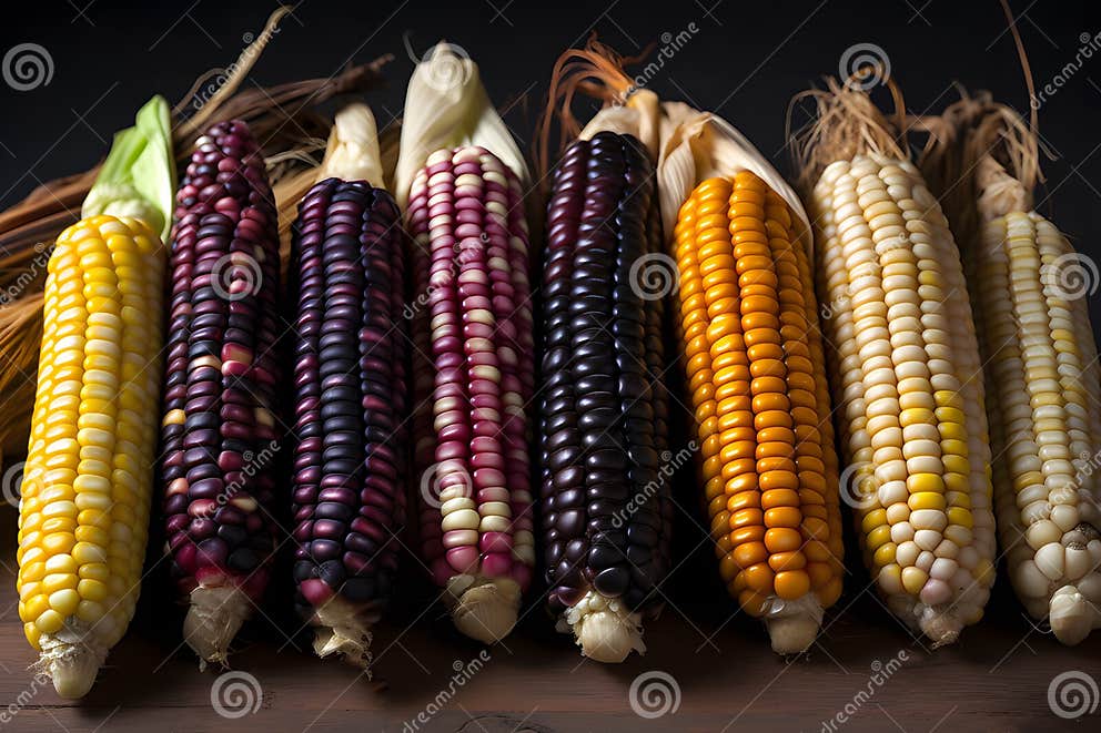 Different Varieties of Corn on a Wooden Background, Top View Stock ...