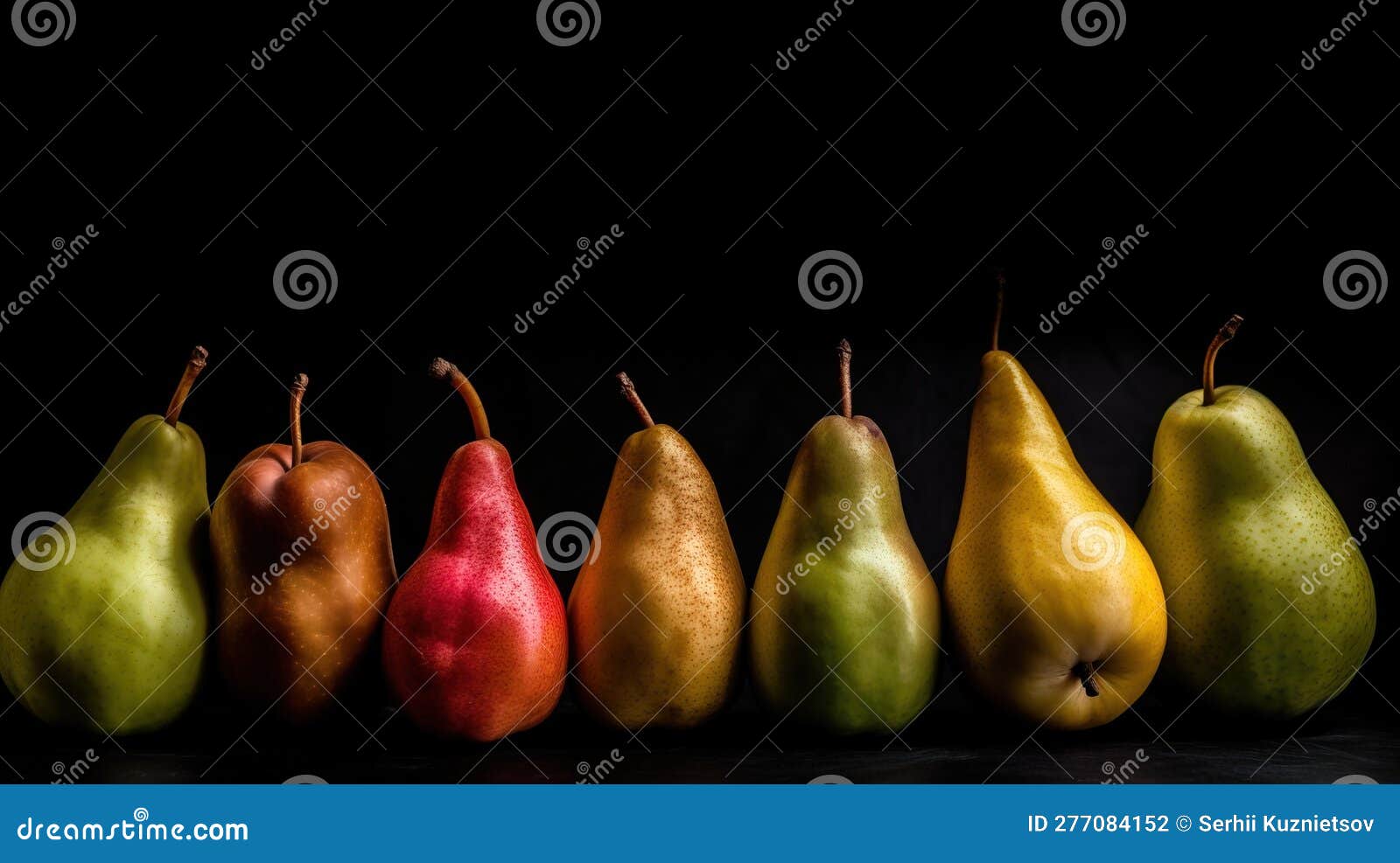 Different Varieties of Pears in a Row, Fresh Fruits, Black Background ...