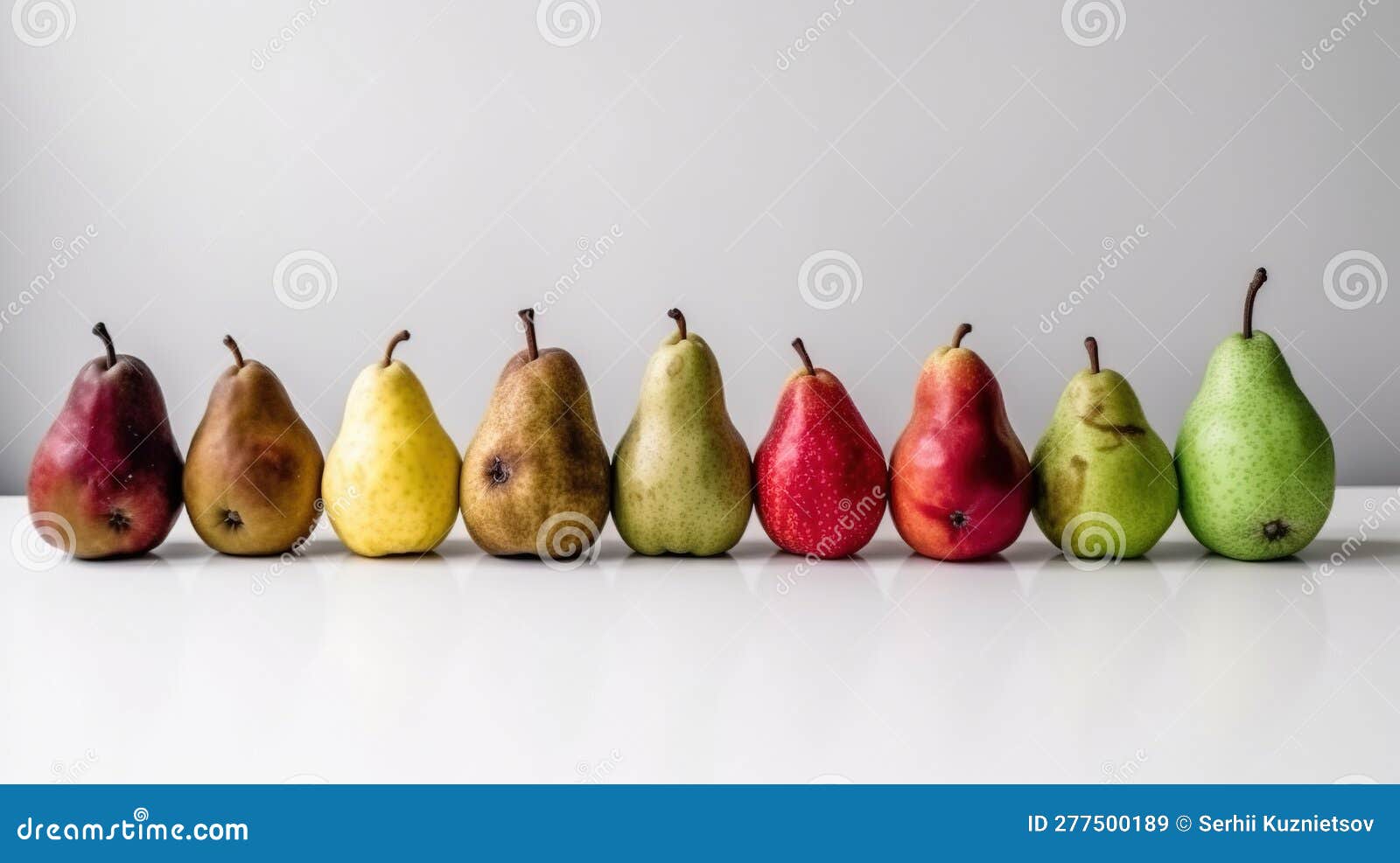 Different Varieties of Pears in a Row, Fresh Fruits, White Background ...