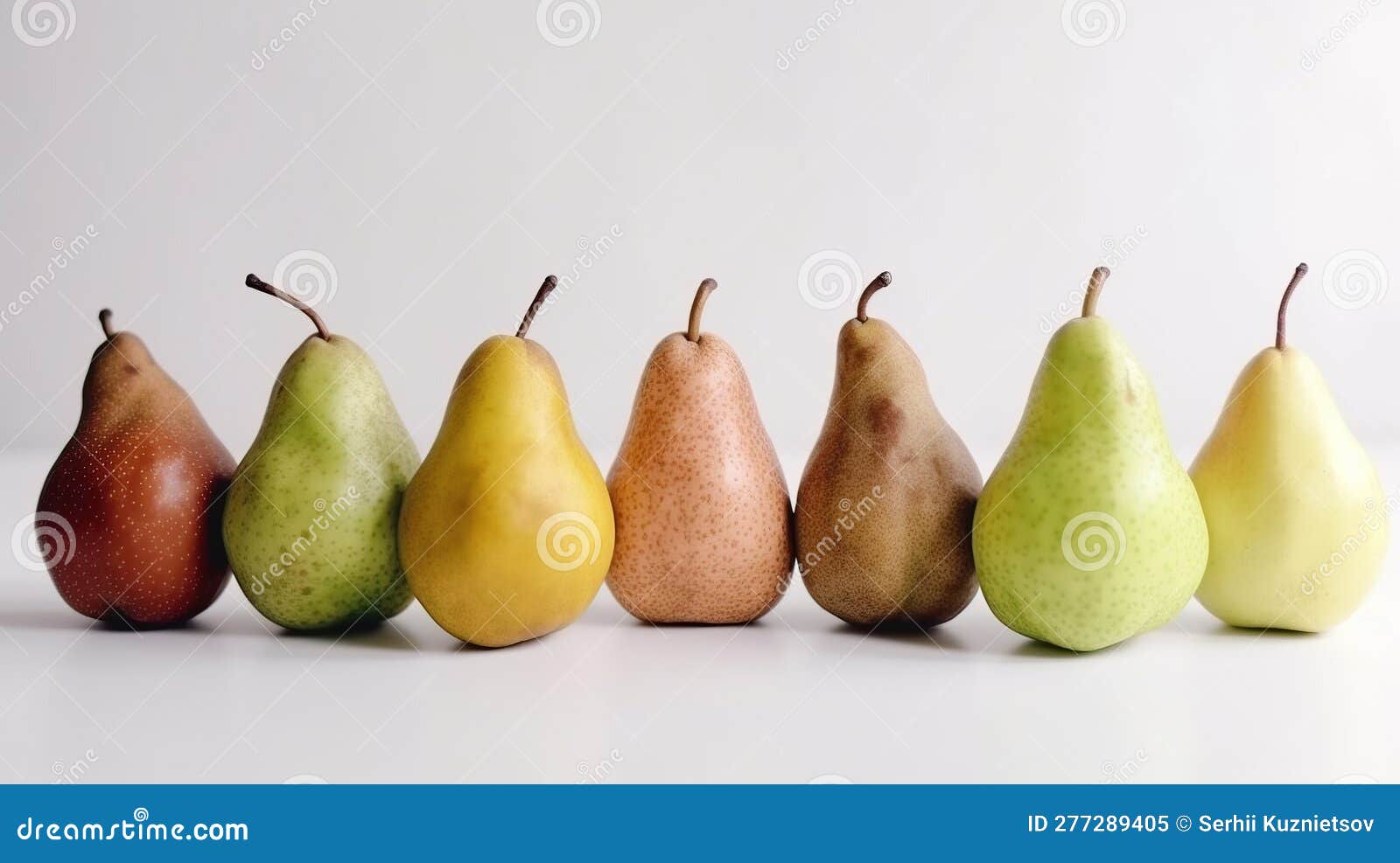 Different Varieties of Pears in a Row, Fresh Fruits, White Background ...