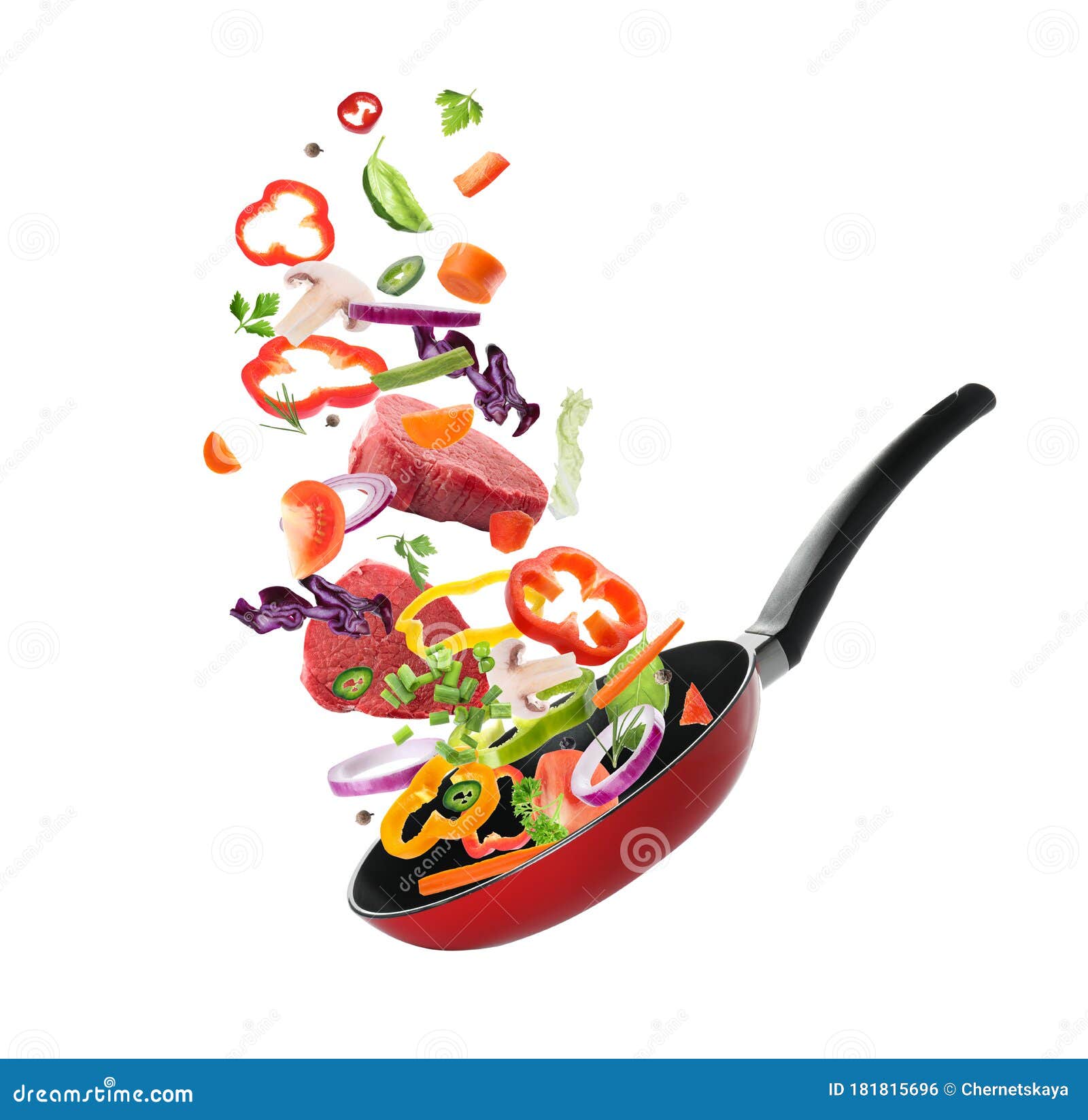Vegetables and Beef Slices Falling into Frying Pan on White Background ...