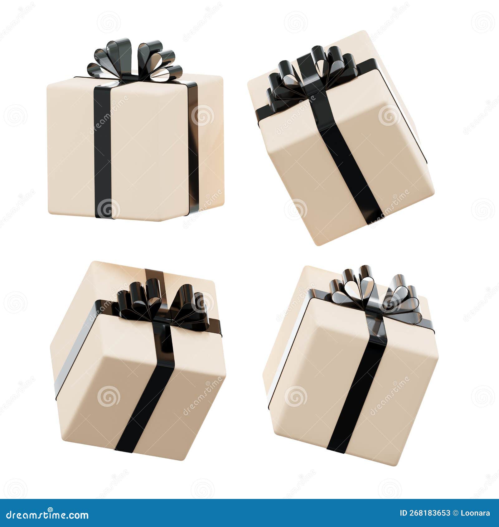Different Views of Beige Gift Box with Black Ribbon Isolated on White ...