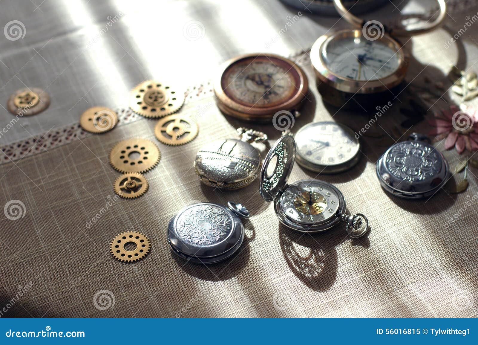 Different Watches and Cogwheels, Gearwheels in Steampunk Style on a ...