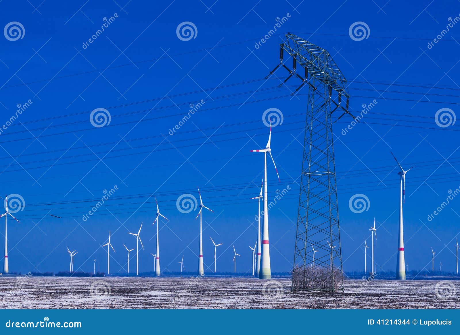 Different Windmills with Power Pole Transmission Line in Winter ...