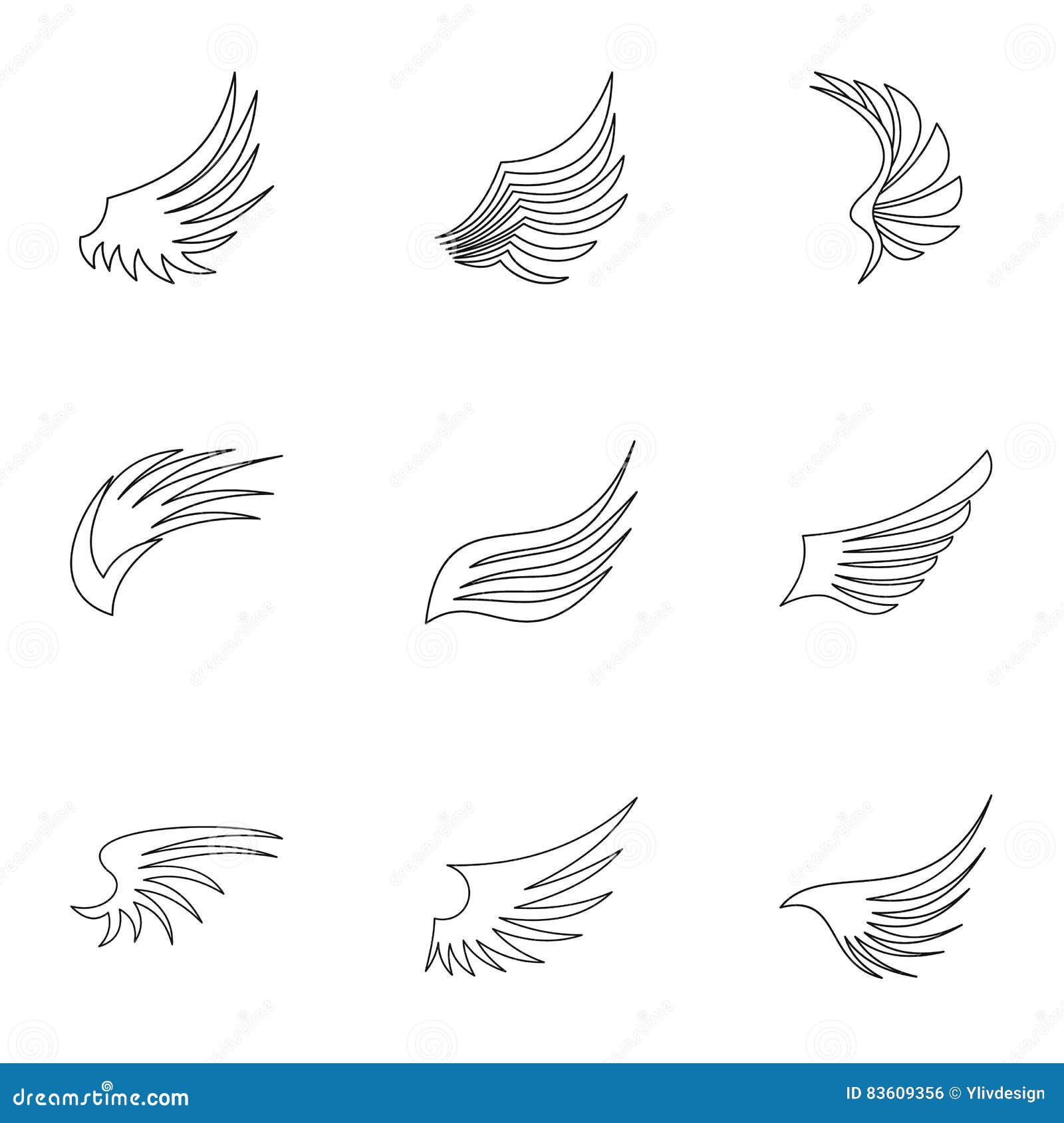 Different Wings Icons Set, Outline Style Stock Vector - Illustration of ...