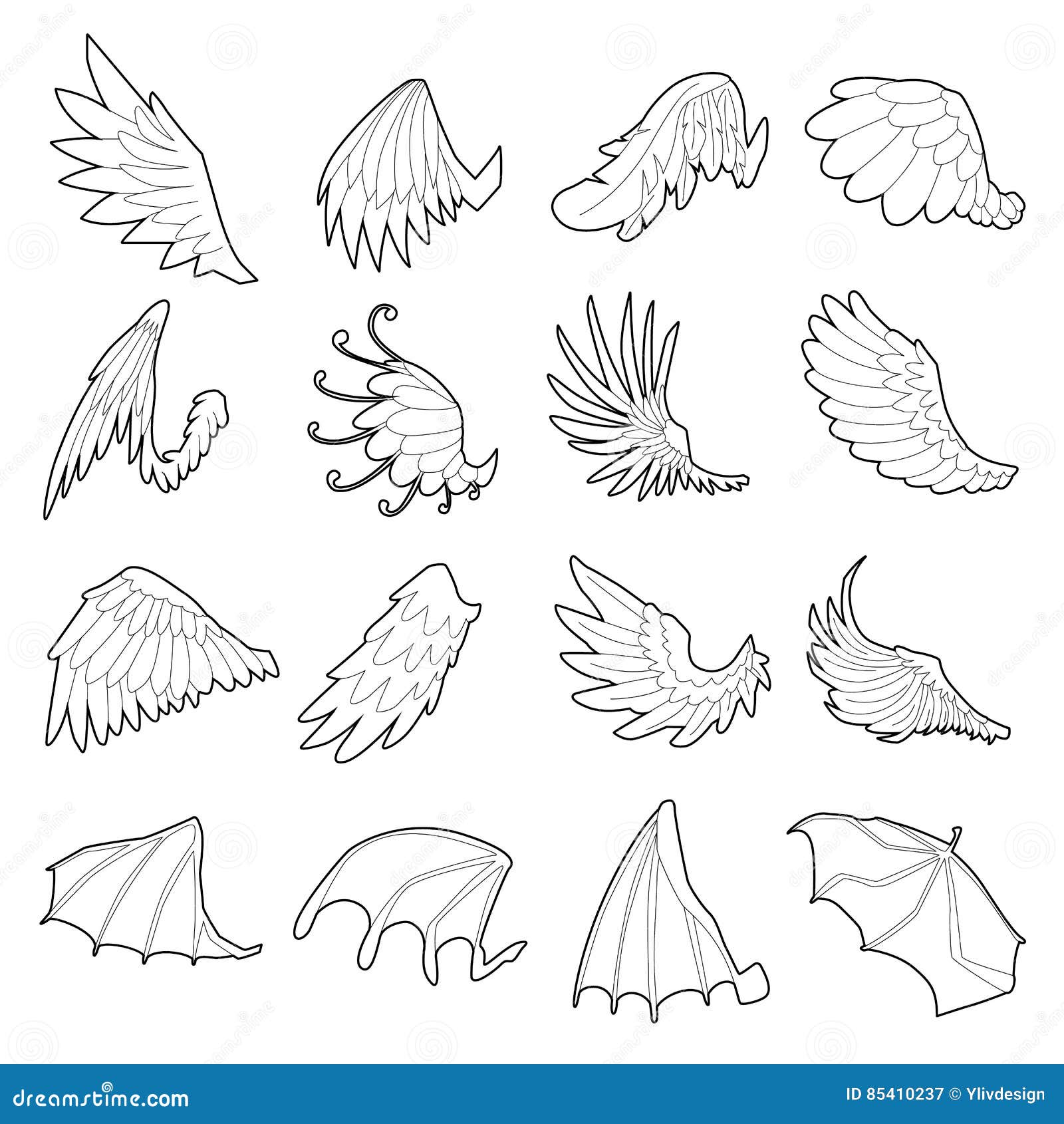Different Wings Icons Set, Outline Style Vector Illustration ...