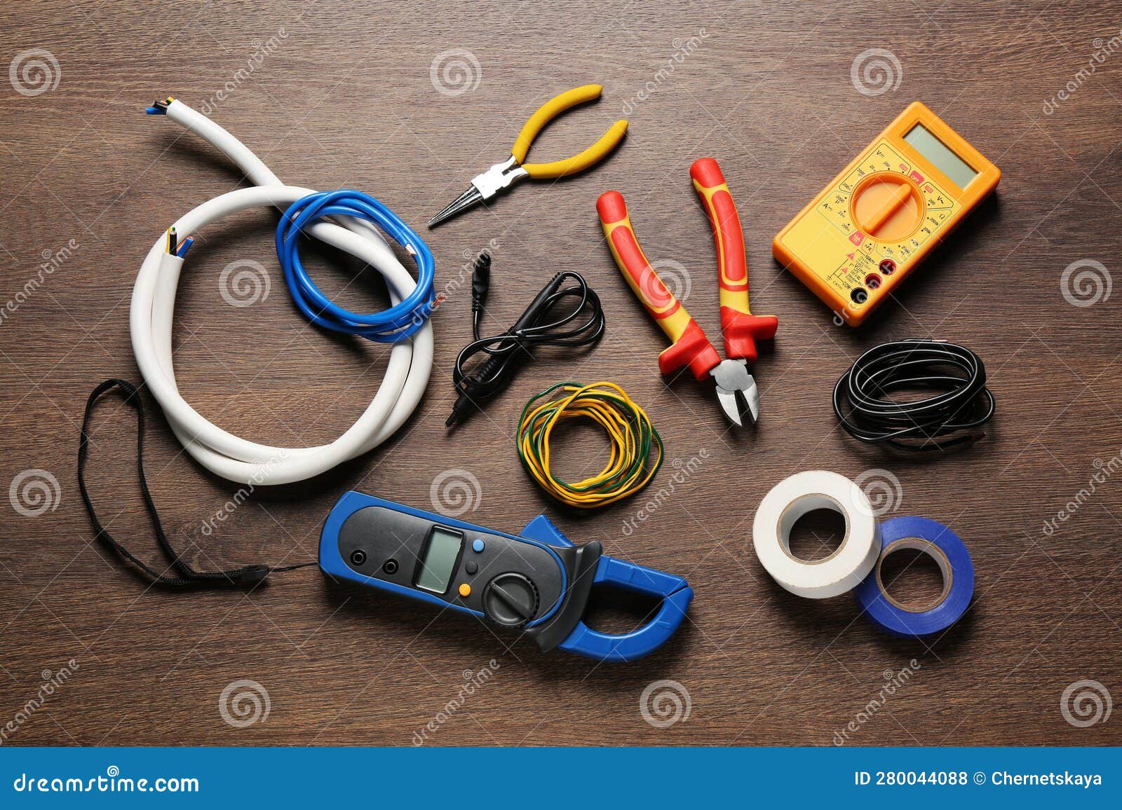 Different Wires and Electrician S Tools on Wooden Table, Flat Lay Stock ...