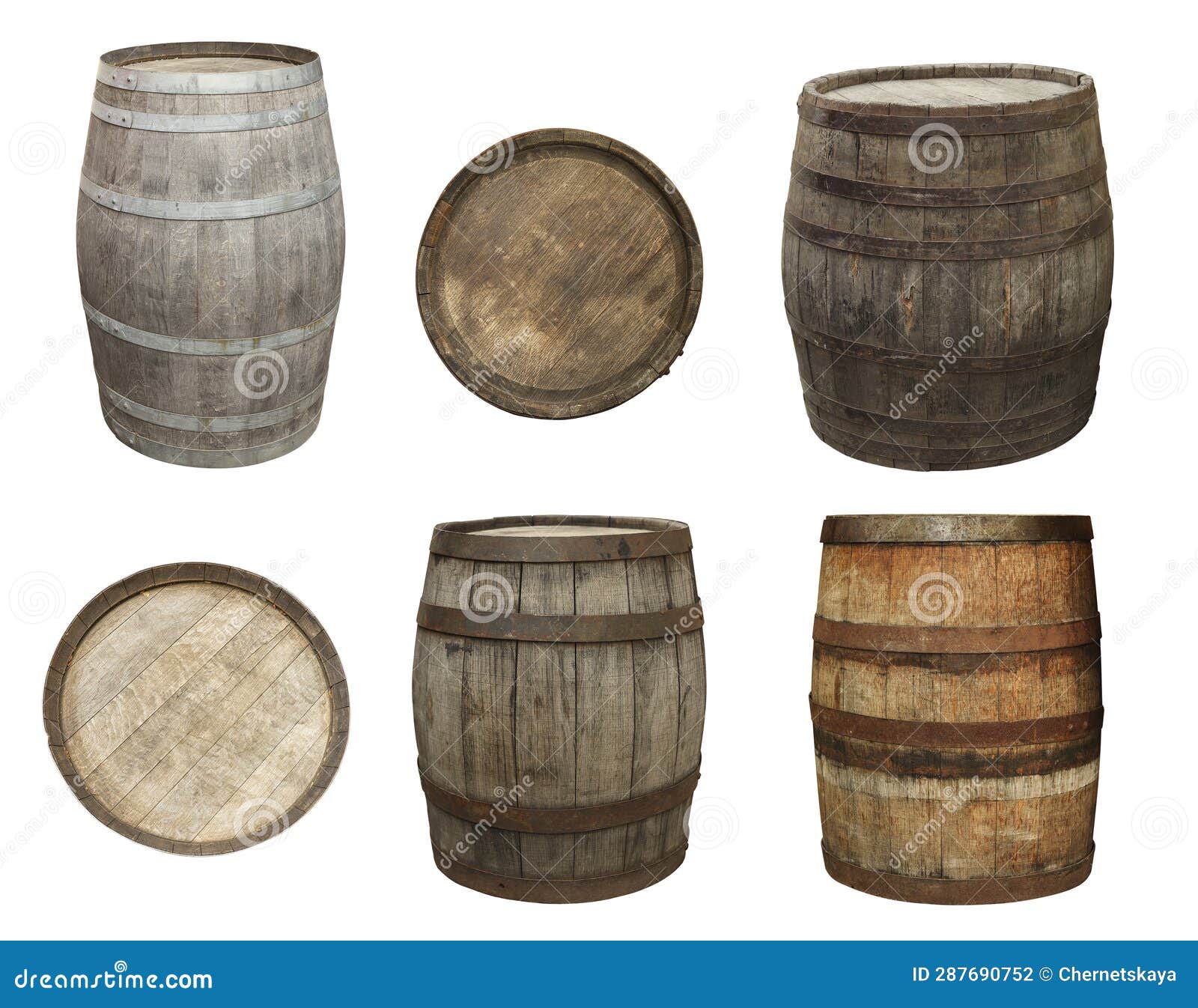 Different Wooden Barrels Isolated on White, Top and Side Views. Collage ...