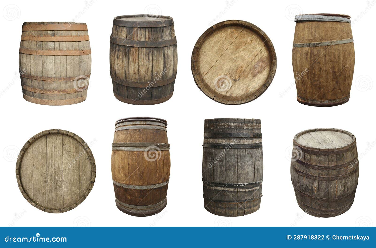 Different Wooden Barrels Isolated on White, Top and Side Views. Collage ...
