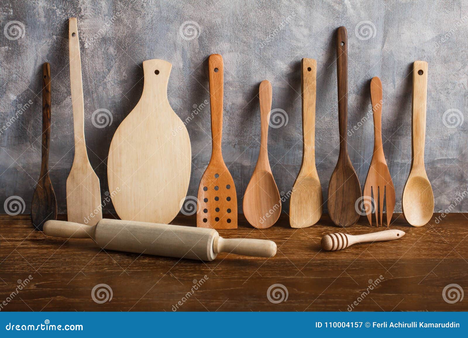 Different Wooden Kitchen Tools on the Table Stock Image - Image of ...