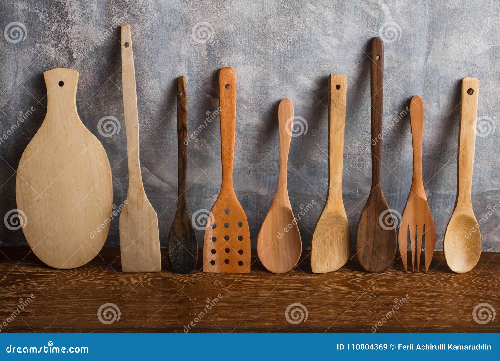 Different Wooden Kitchen Tools on the Table Stock Image - Image of ...