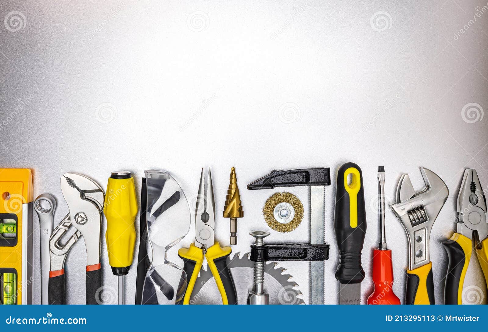 Different Work Tools on Gray Metal Surface. Industrial Background Stock ...