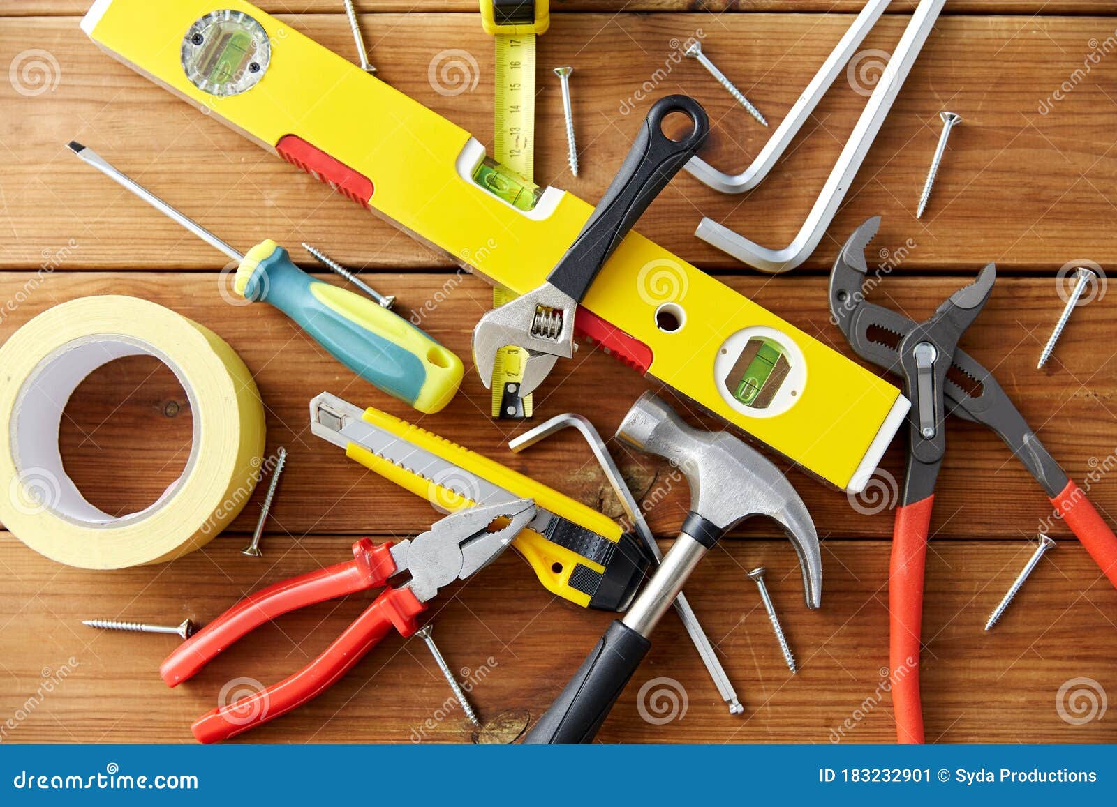 Different Work Tools on Wooden Boards Background Stock Image - Image of ...