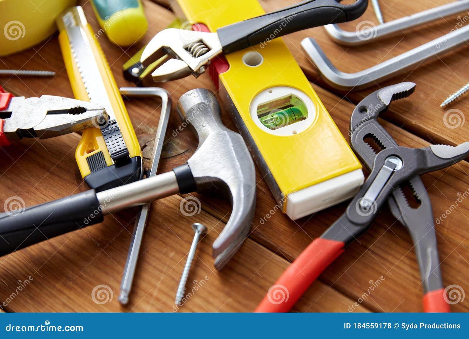 Different Work Tools on Wooden Boards Background Stock Photo - Image of ...