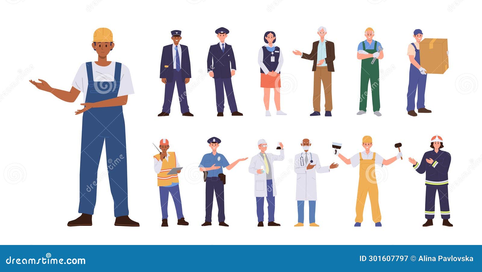 Different Workers Cartoon Characters Set with Builder, Pilot, Policeman ...