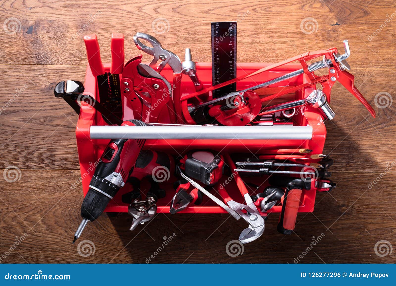 Different Worktools in Toolbox on Wooden Desk Stock Photo - Image of ...