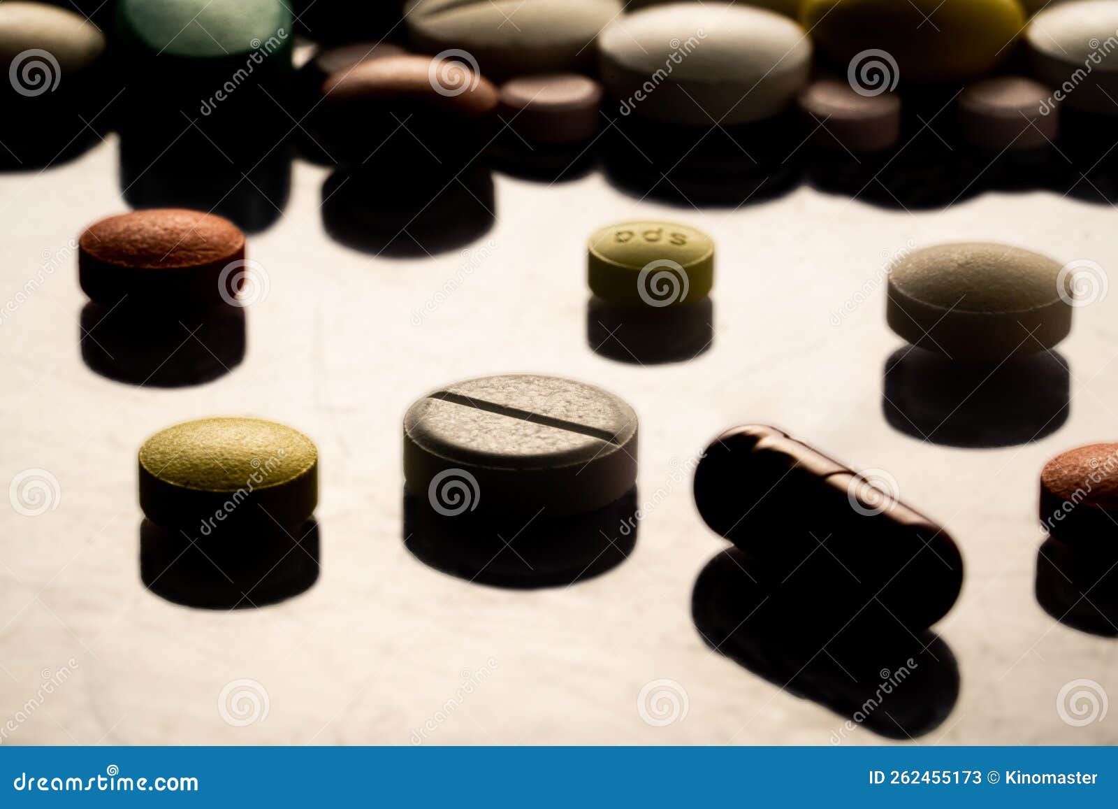 Differents Pills, Tablets and Capsules Scattered on Glossy Reflective ...