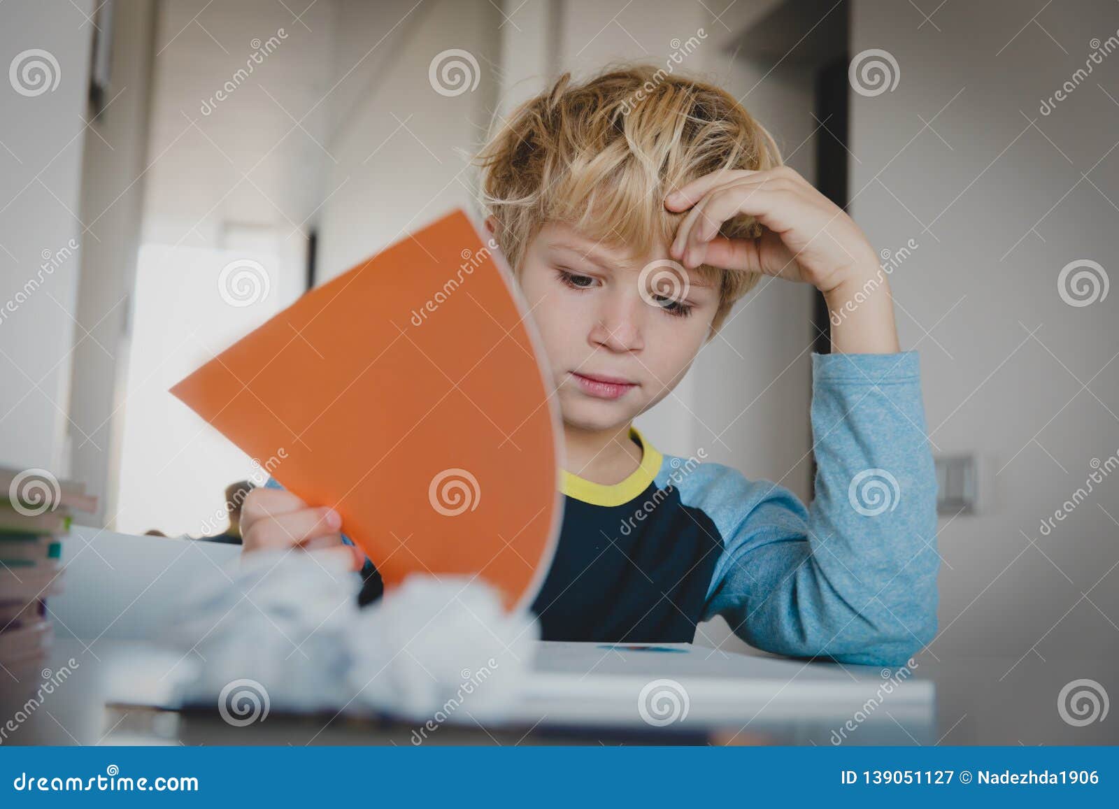 Difficult Homework- Little Boy Having Problems with Reading Stock Image ...
