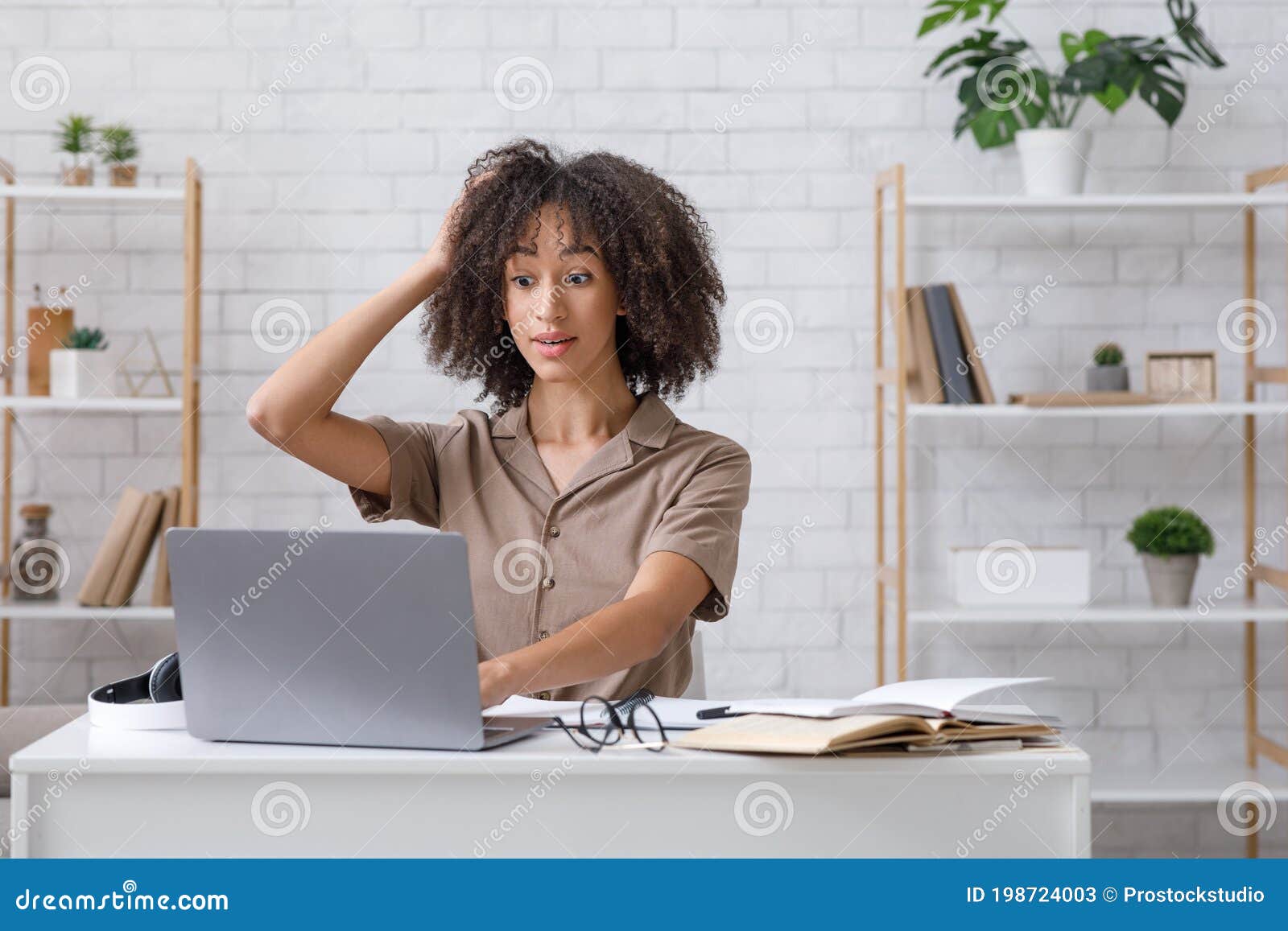 Difficult Task Or Problems At Online Work. Surprised African American ...