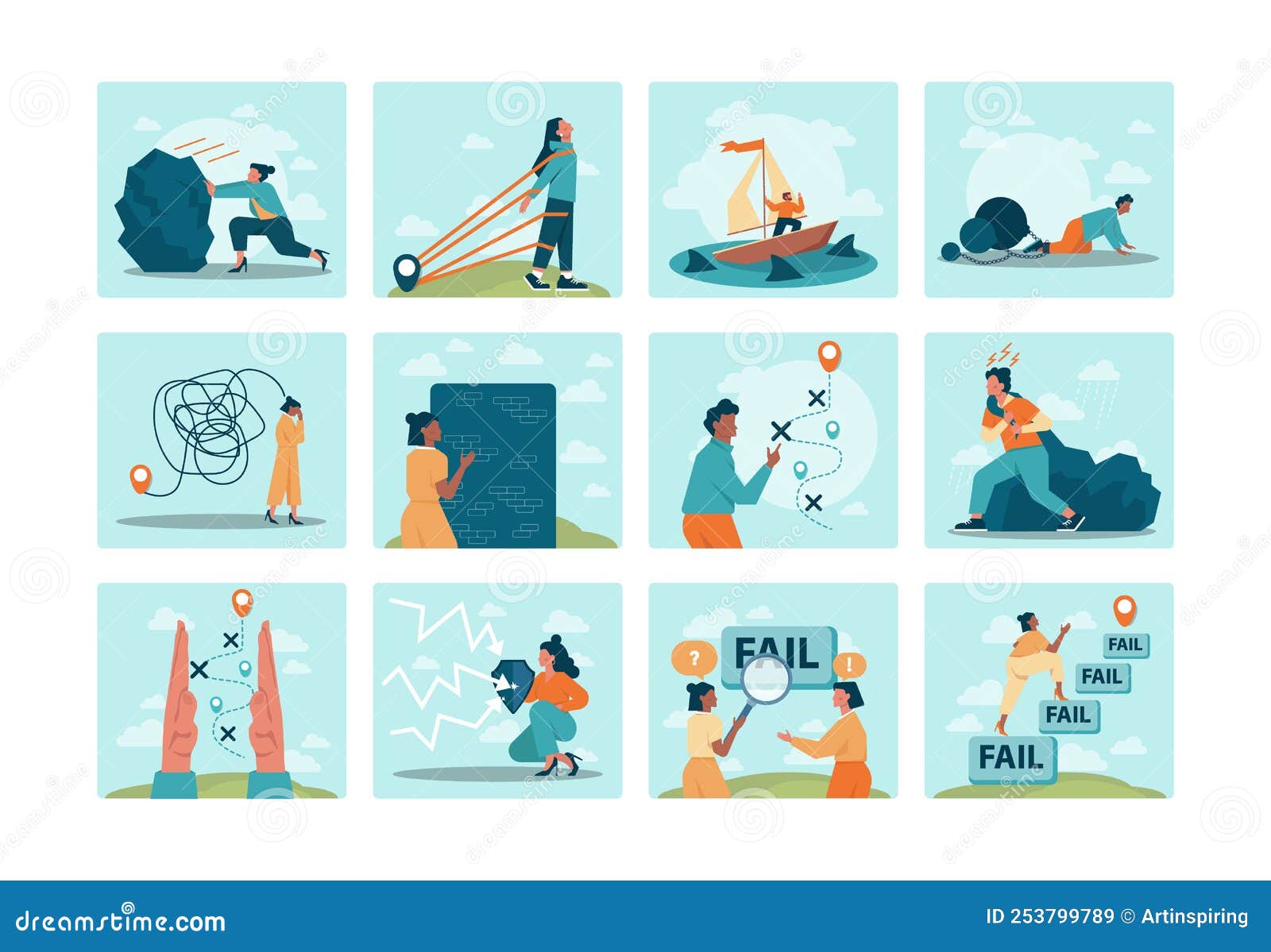 Difficulty Concept Set. Character Dealing with Obstacles and Challenges ...