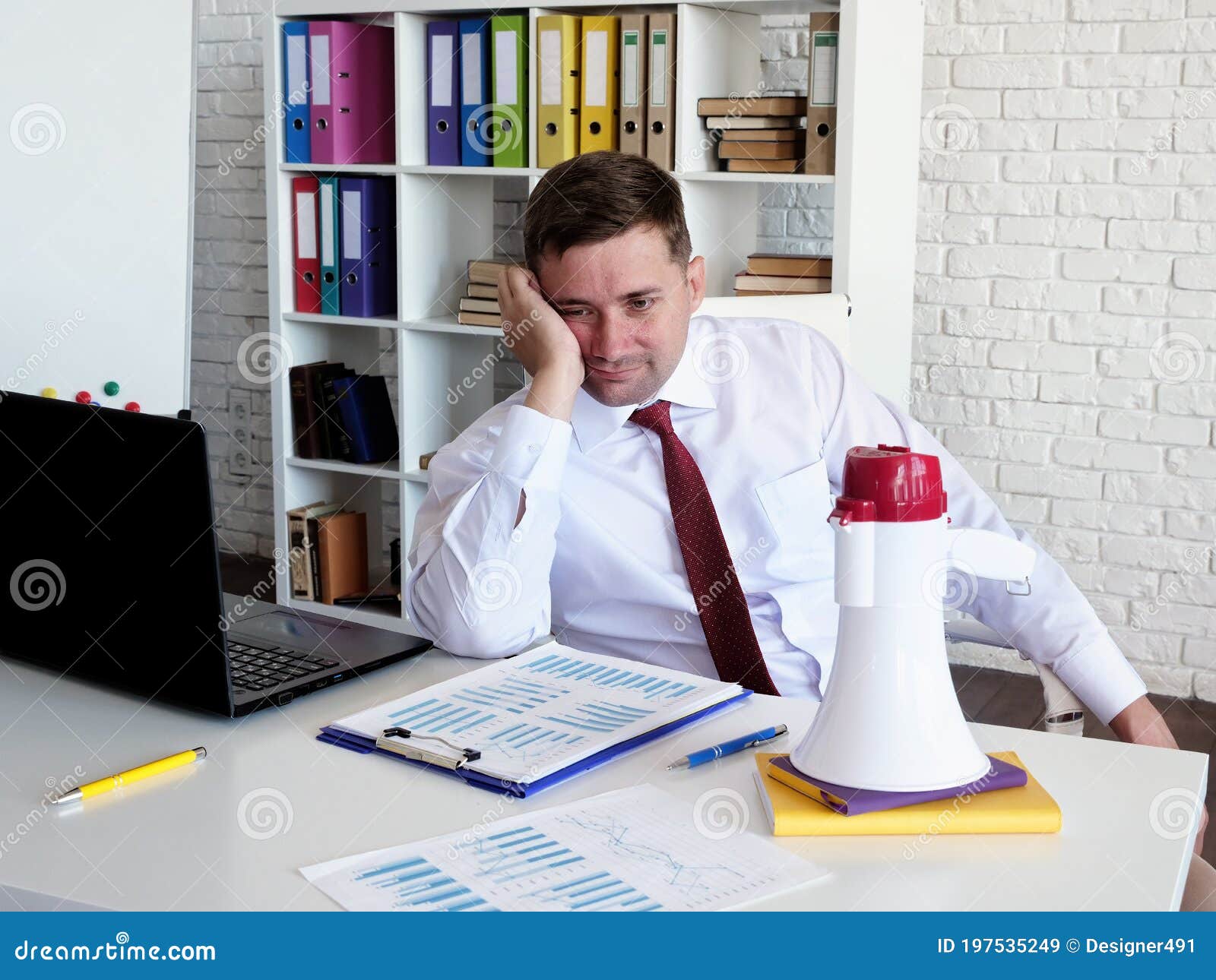 Difficulty Managing a Team. Sad Manager and Loudspeaker on Table. Stock ...
