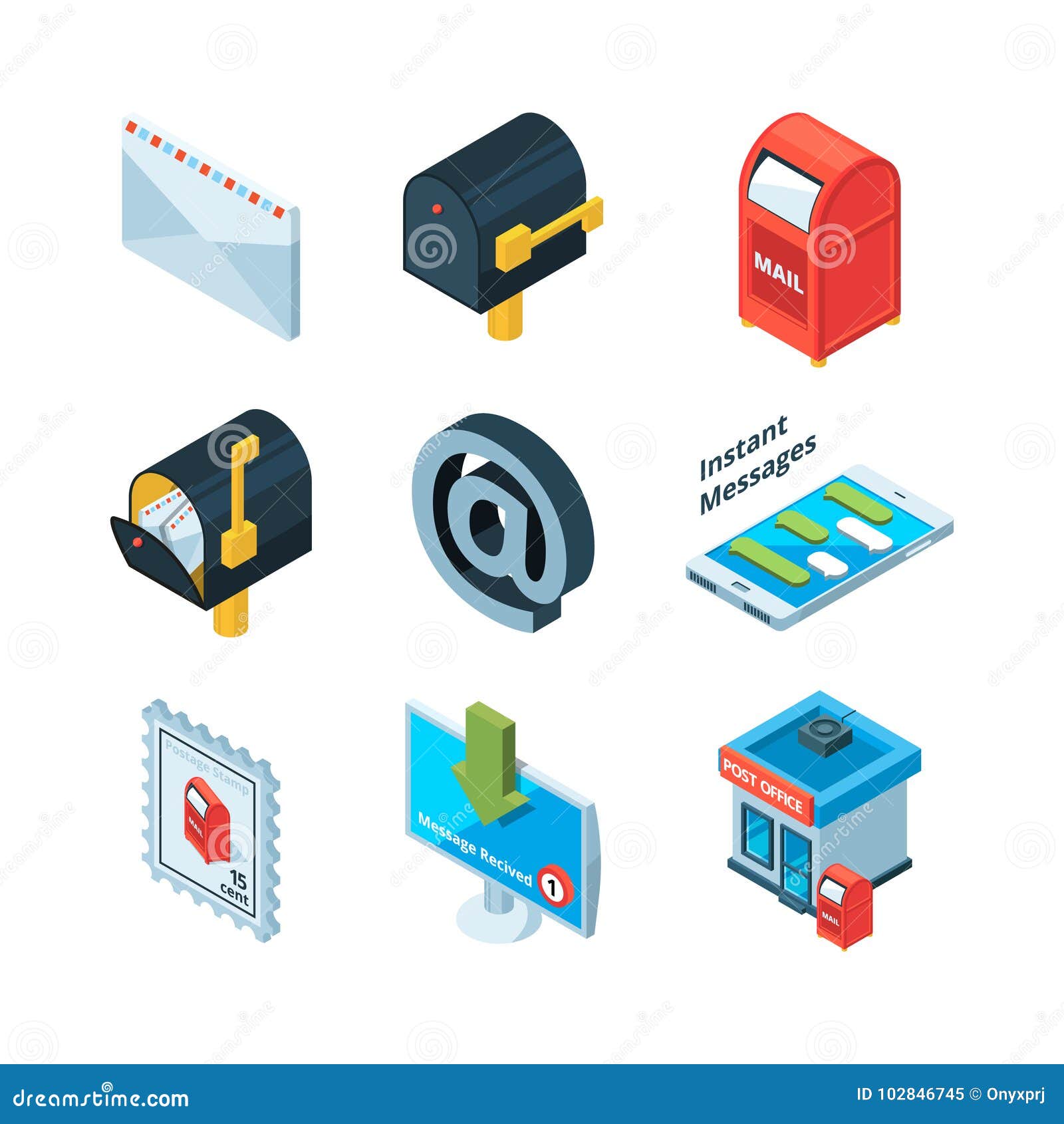 Diffrent Postal Symbols. Isometric Pictures Of Mailbox, Latters And ...