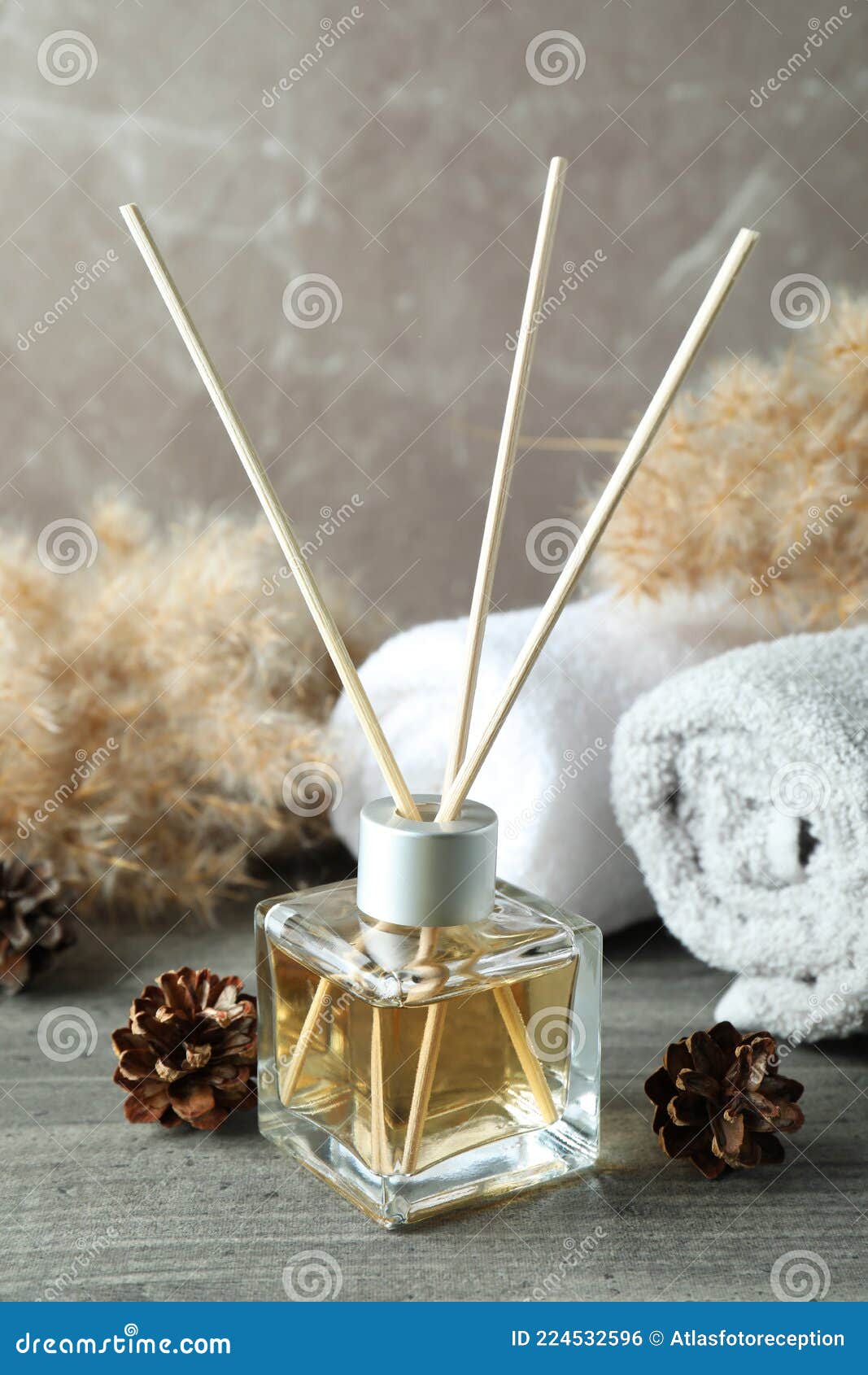 Diffuser and Bath Accessories on Gray Textured Stock Photo - Image of ...