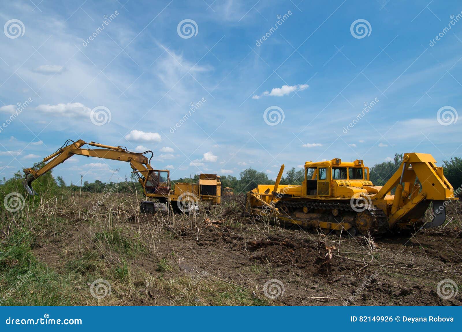 Digger and Bulldozer Clearing Forest Land. Stock Photo - Image of ...