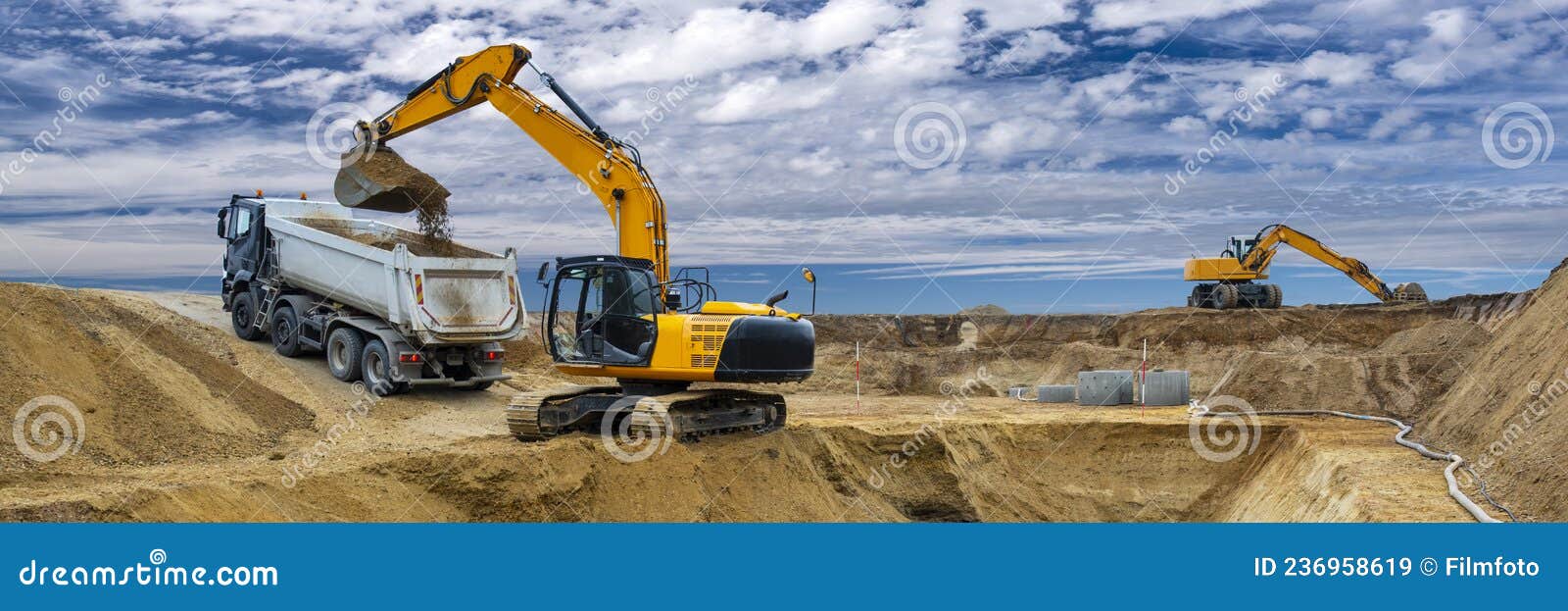 Digger and Excavator at Work in Construction Site Stock Image - Image ...