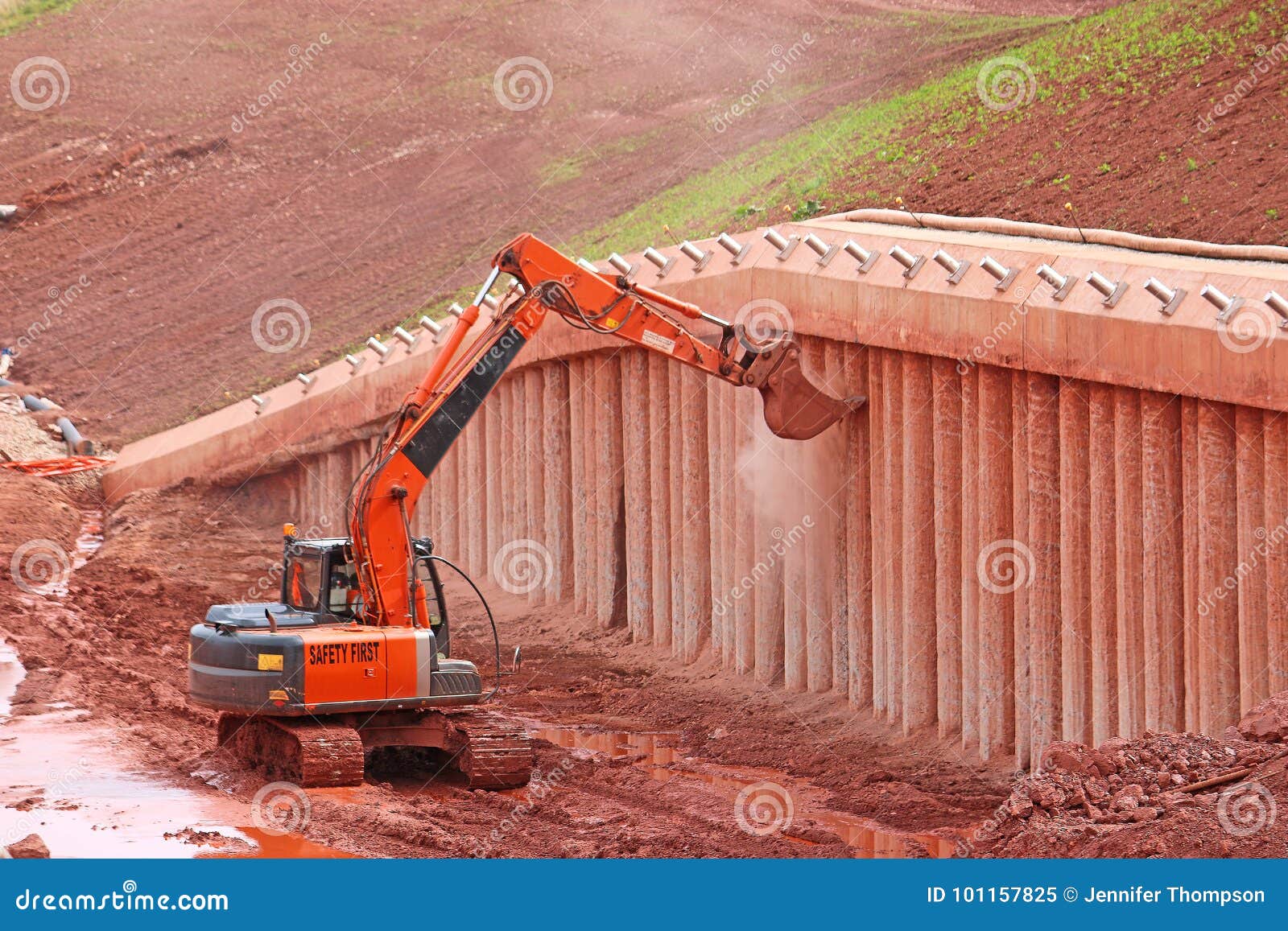 Digger Scraping Concrete Pillars Stock Image - Image of pillars, earth ...