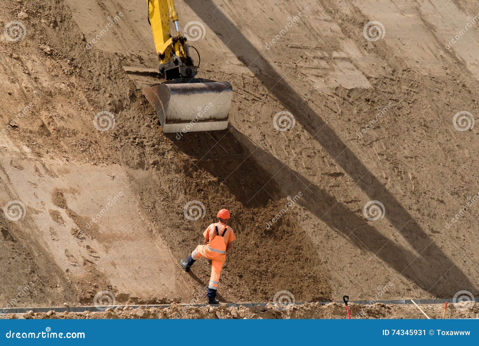 Digger Works at New Road Construction Site Stock Image - Image of ...