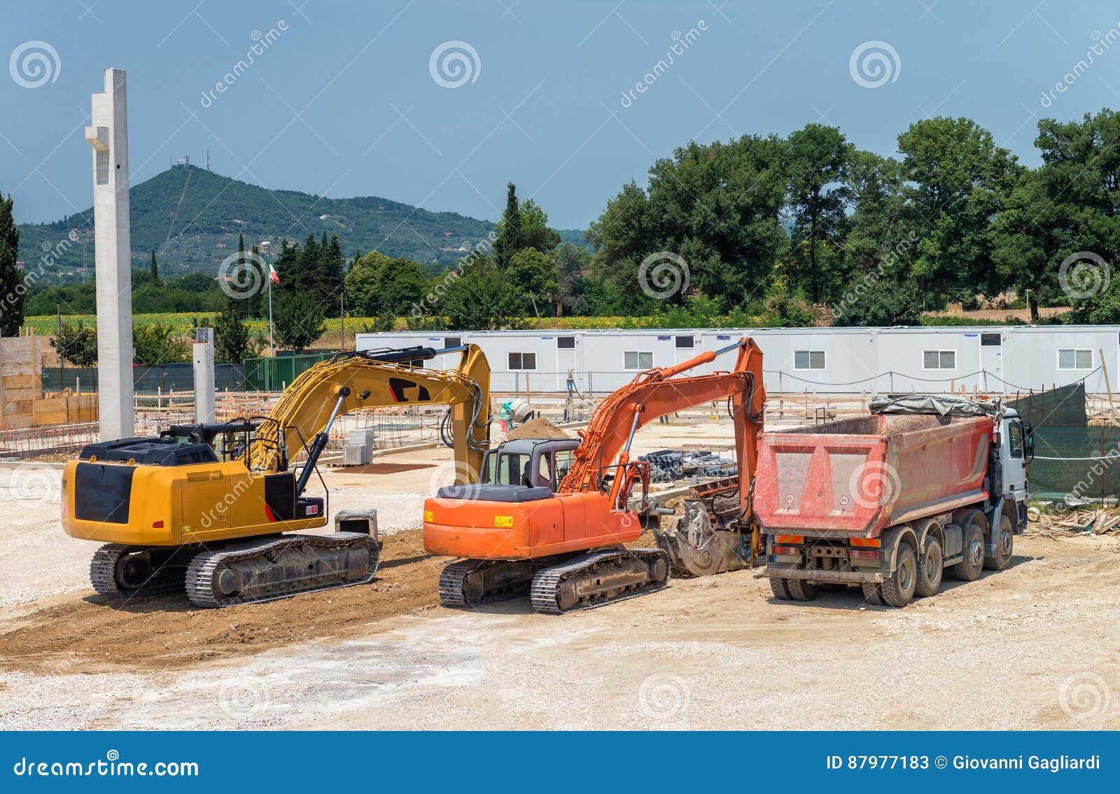 Diggers and Truck in Contruction Site Stock Image - Image of earthmover ...