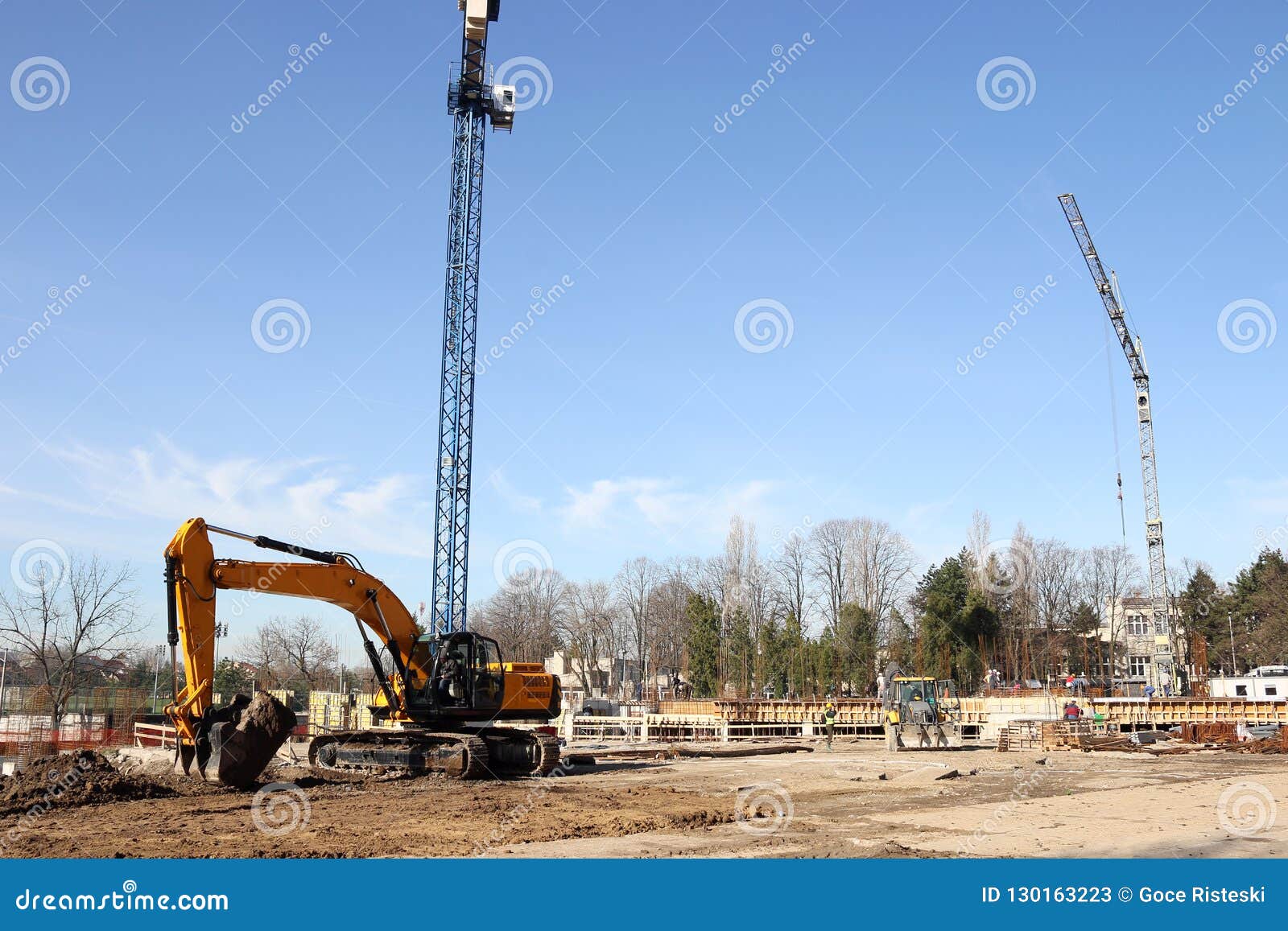 Digging Excavator on New Building Construction Site Stock Image - Image ...