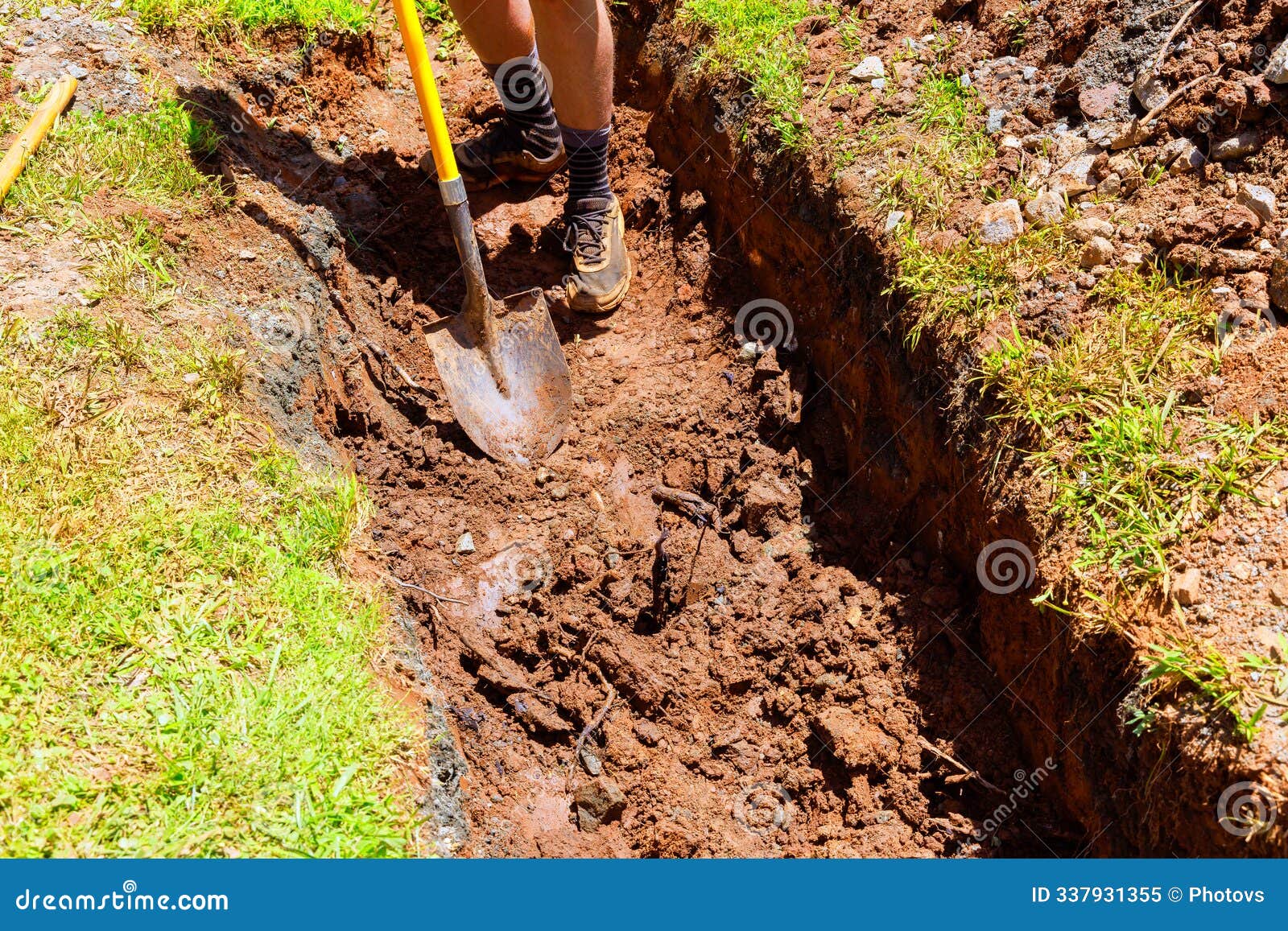 Digging Trench for Drainage Pipe on Construction Site with a Shovel ...