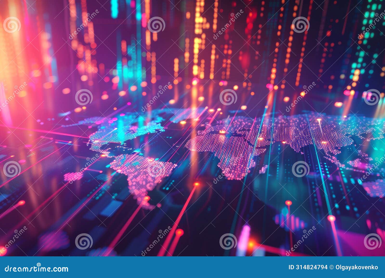 Digital Abstract Background with Glowing Graphs and Map of Digital ...
