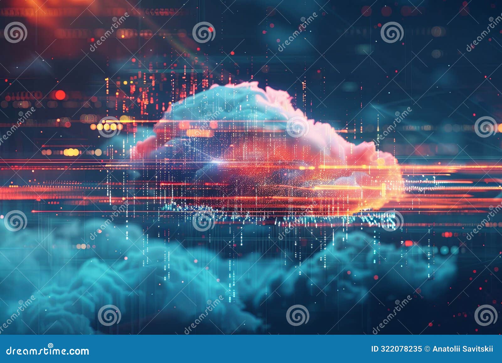 A Digital Abstract Visualization Of Cloud Computing Featuring Data Processing And Ai Operations