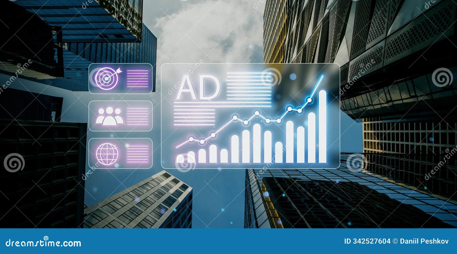 Digital Advertising Concept with Data Graphs and Icons on a Background ...