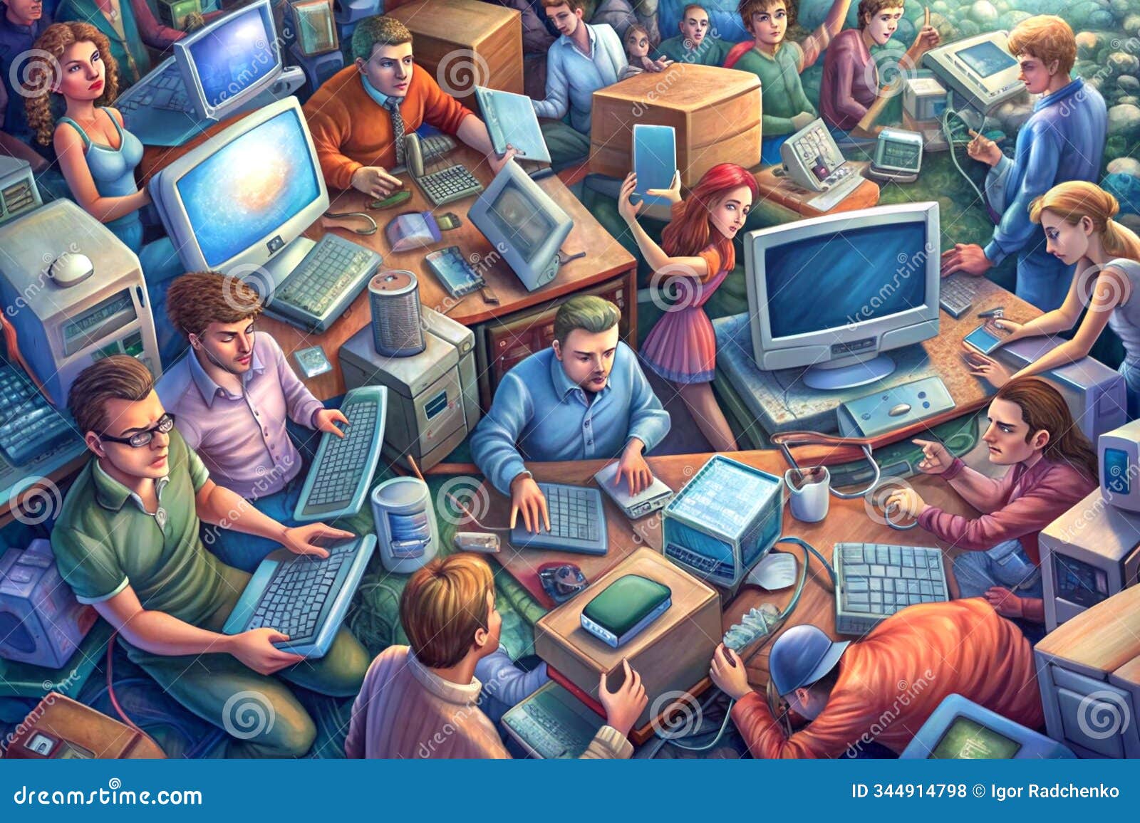 Digital Aggression.Lost.People Immersed in Various Electronic Devices ...