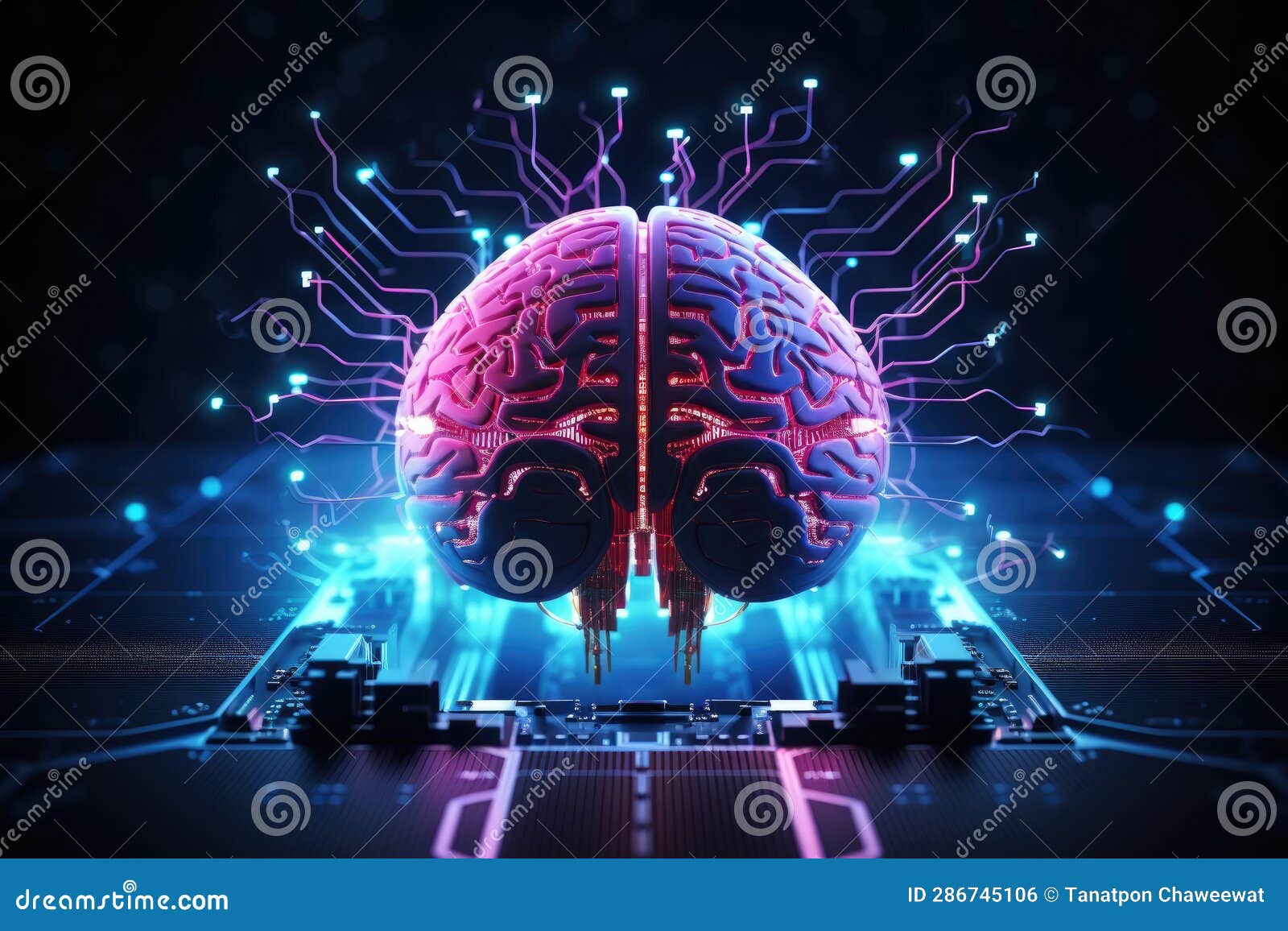 Digital AI Electronic Brain Made from Metallic with Neon Light, Neural ...