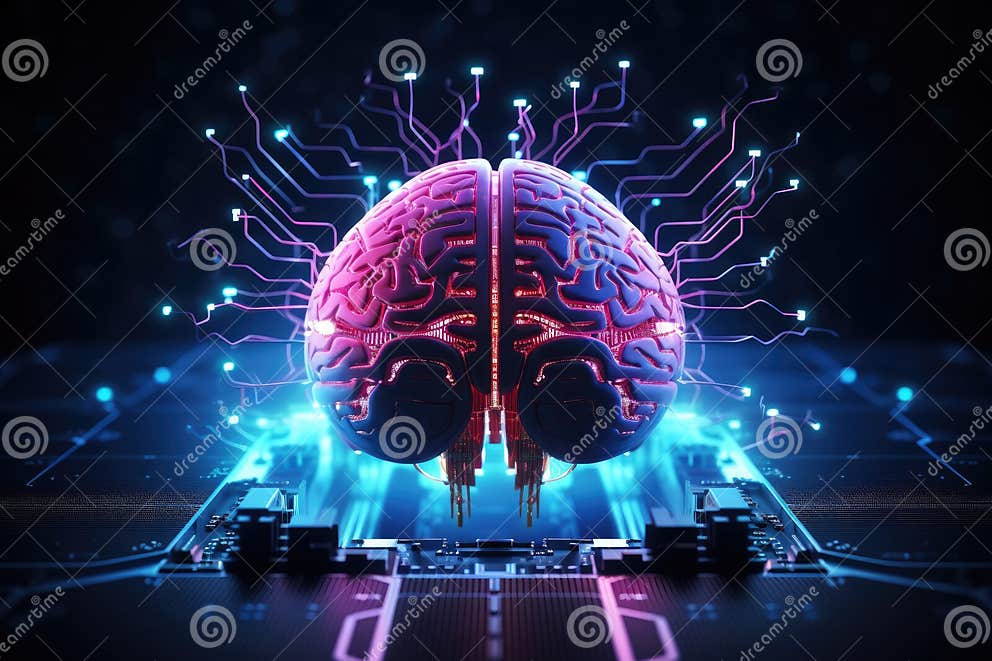 Digital AI Electronic Brain Made from Metallic with Neon Light, Neural ...