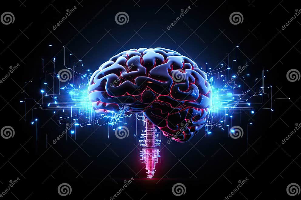 Digital AI Electronic Brain Made from Metallic with Neon Light, Neural ...